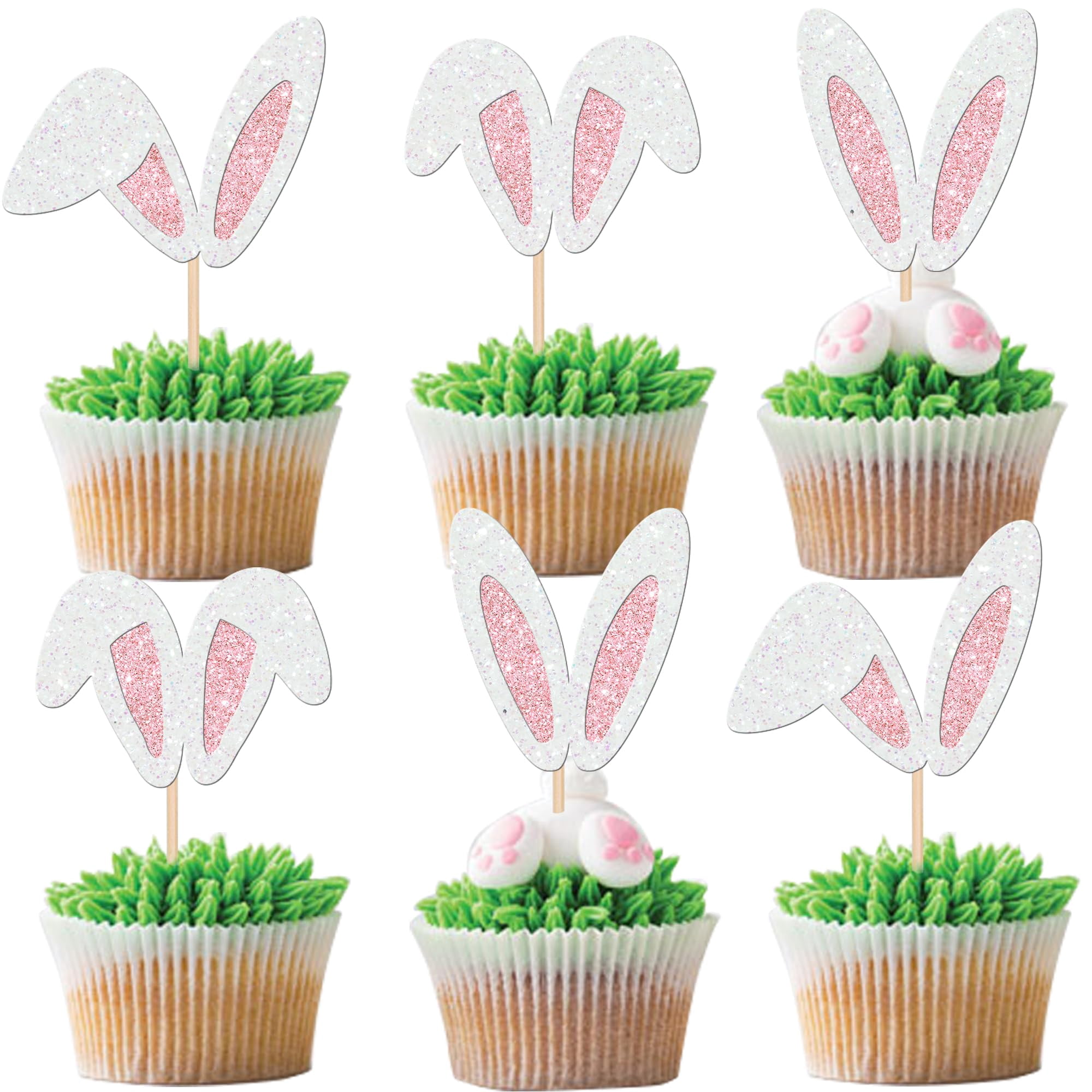 24 Pack Bunny Ears Cupcake Toppers Glitter Easter Rabbit Happy Birthday ...