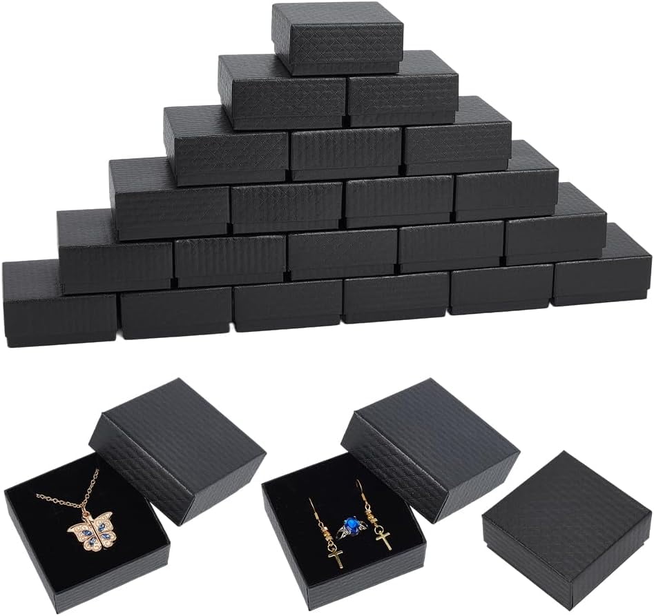 24 Pack Cardboard Jewelry Boxes 3x3x1.4 Inch Black Paper Jewelry ...