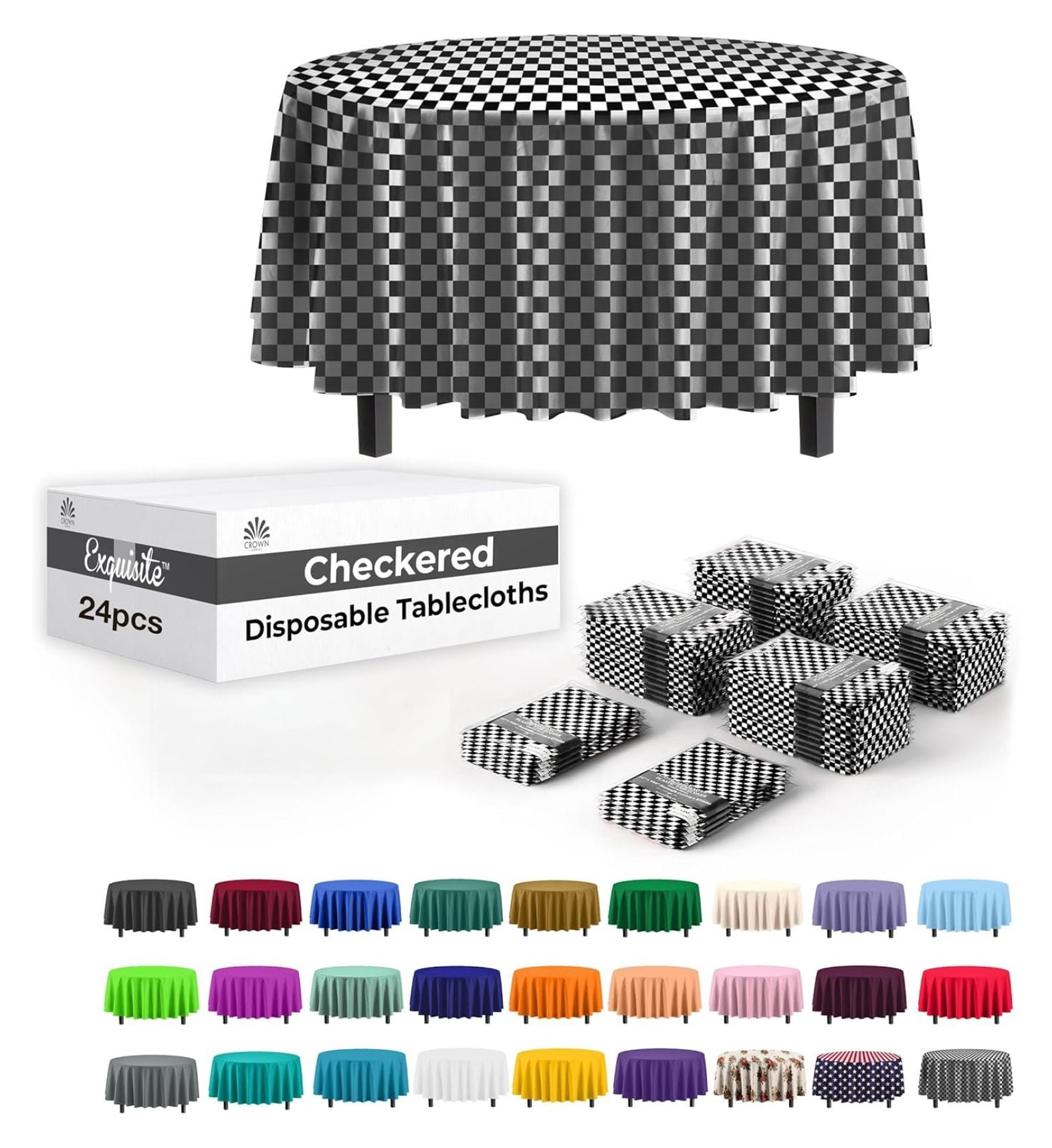 24-Pack Checkered Plastic Table Cloth - 84-Inch Round Disposable ...