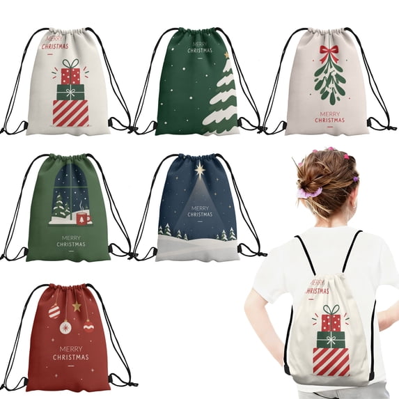 24 Pack Christmas Drawstring Bags, 6 Assorted Holiday Designs, 10.6 x ...