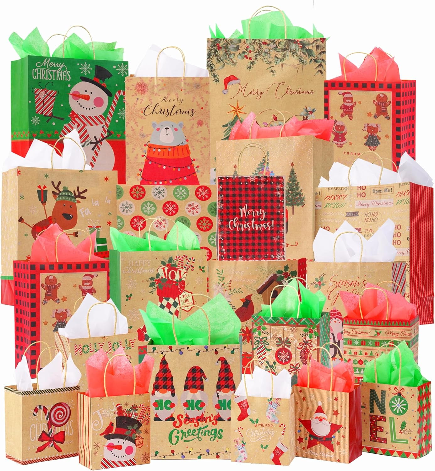 24 Pack Christmas Gift Bags Assorted Sizes with Tissue Paper (6 Jumbo ...