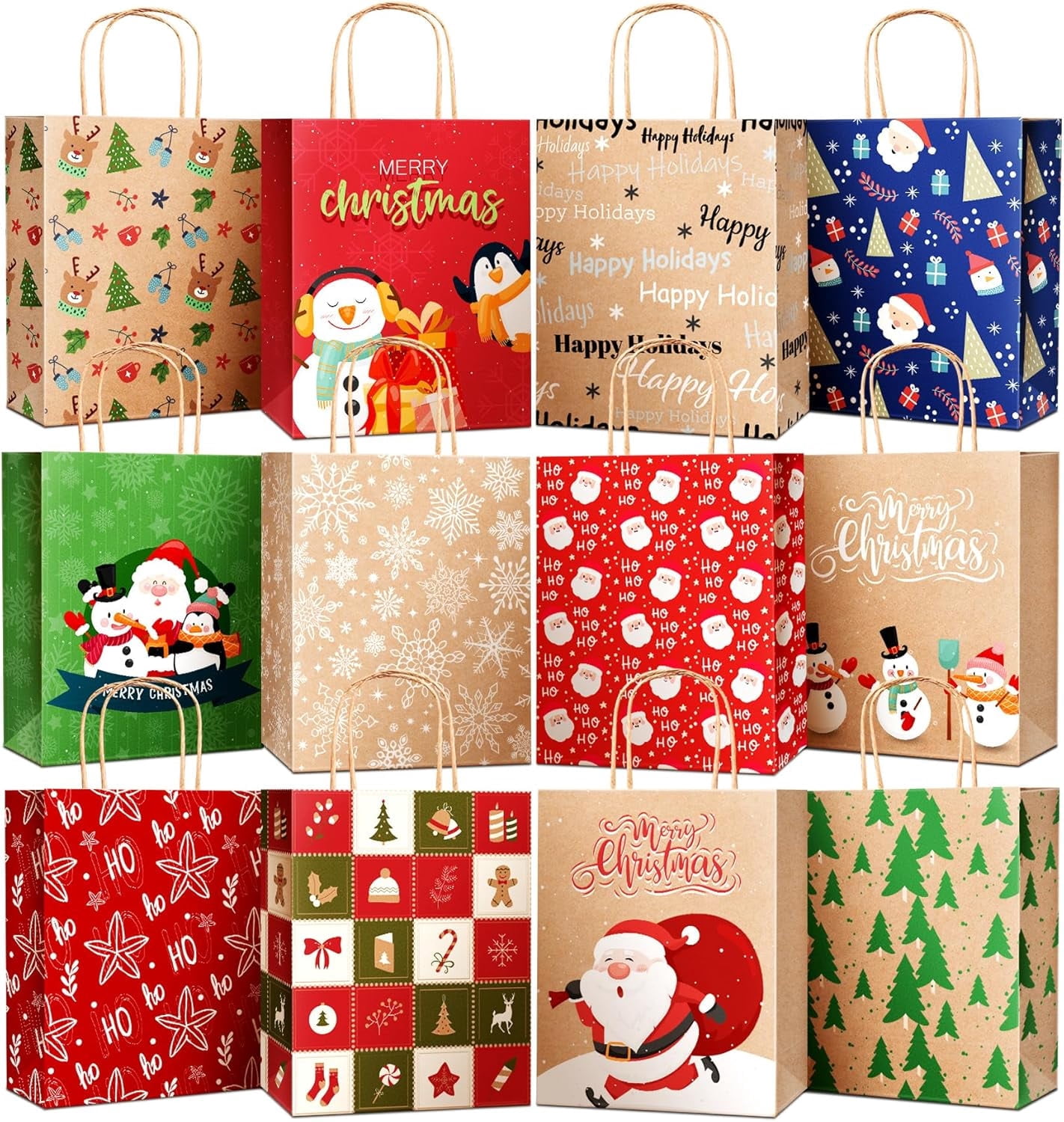 24 Pack Christmas Gift Bags with 12 Designs, Christmas Tote Bags with ...