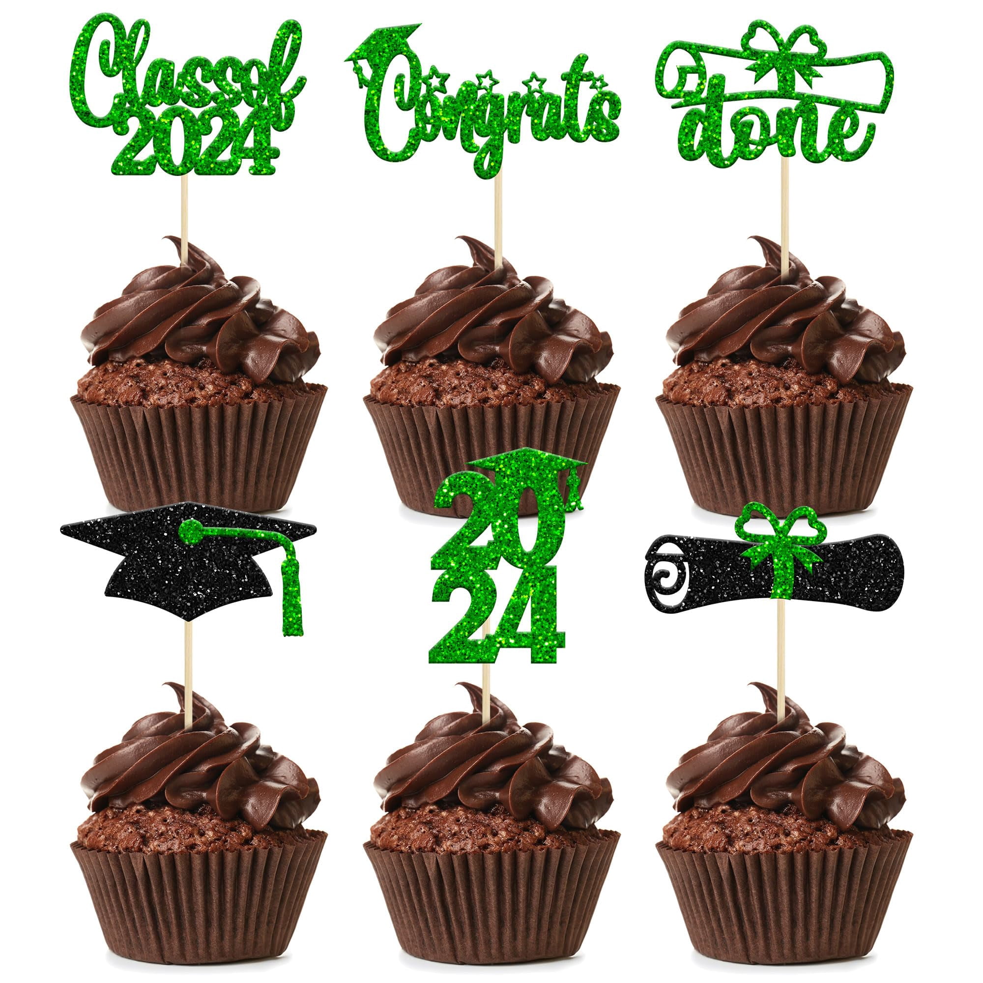 24 Pack Class of 2024 Cupcake Toppers Glitter 2024 Congrats Grad Cap ...
