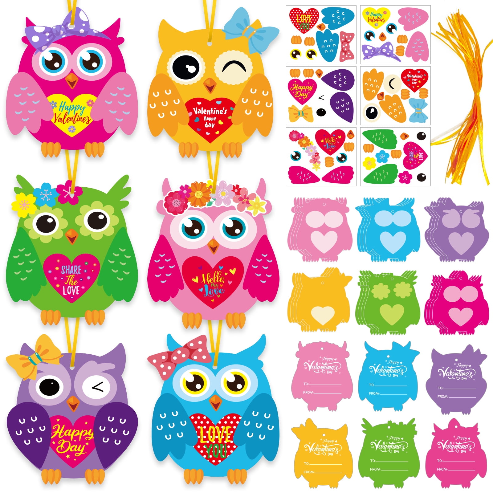 24-Pack DIY Owl Valentines Cards with Stickers & Gold Strings, Colorful ...