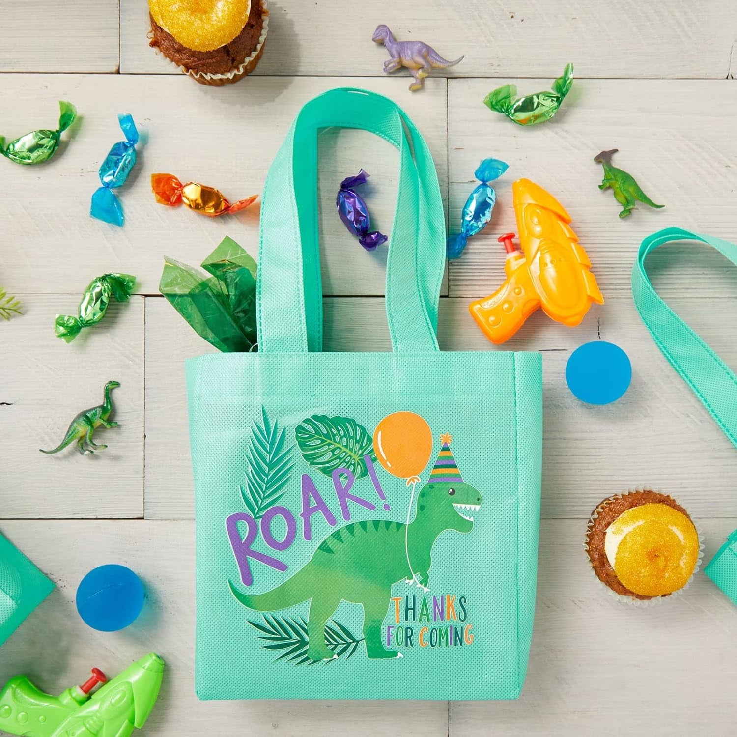 24-Pack Dinosaur Tote Bags - Teal Green Non-Woven with Handles ...
