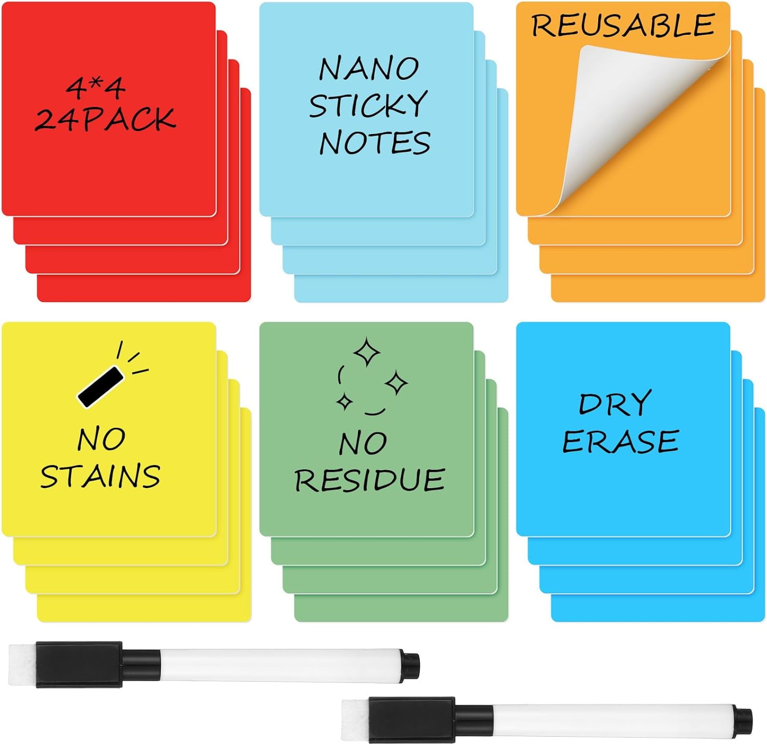 24 Pack Dry Erase Sticky Notes Reusable Whiteboard Stickers Washable ...