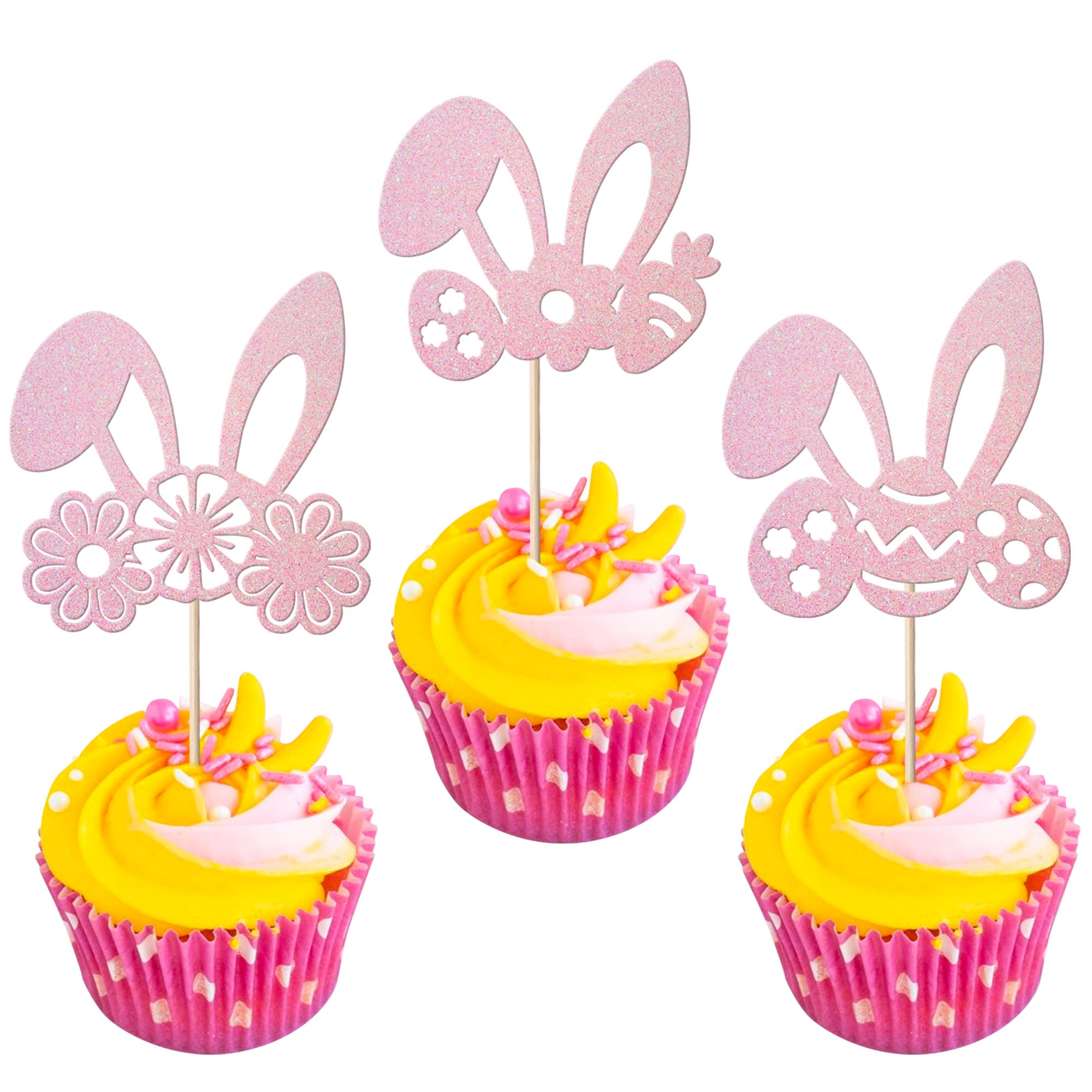 24 Pack Easter Bunny Ears Cupcake Toppers Glitter Carrot Egg Rabbit ...