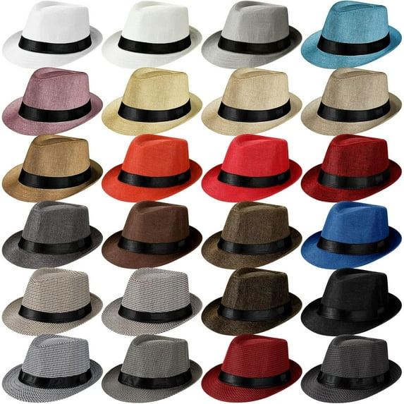 24 Pack Fédora Hats Bulk 1920s Unisex Houndstooth Short Brim Straw Hat ...