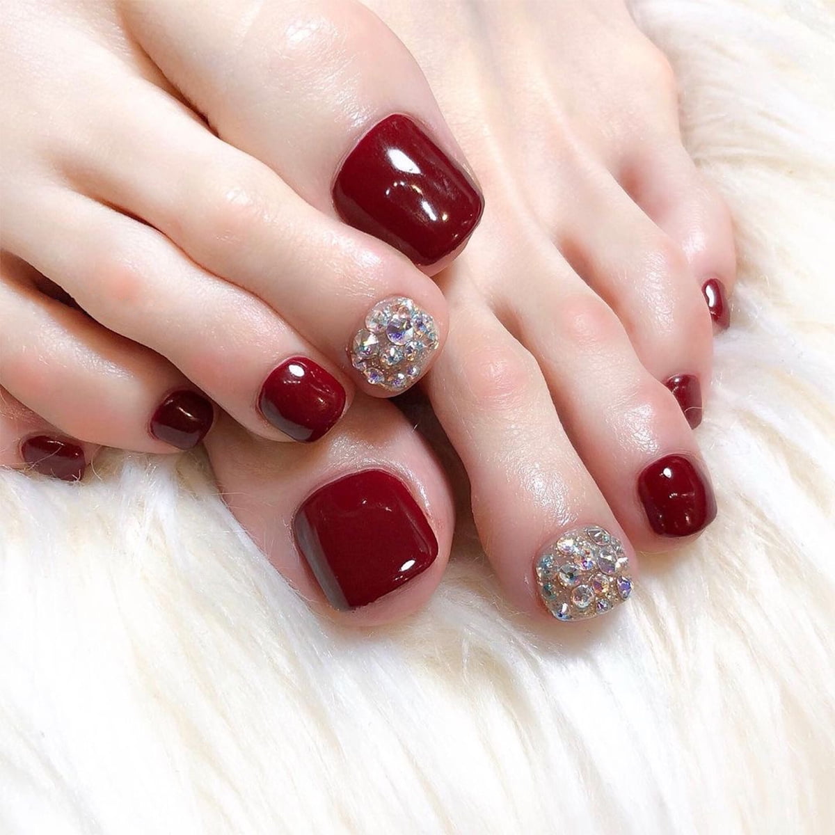 24 Pack Fake Toenails Short Square Show White Cherry Red Full Diamond ...