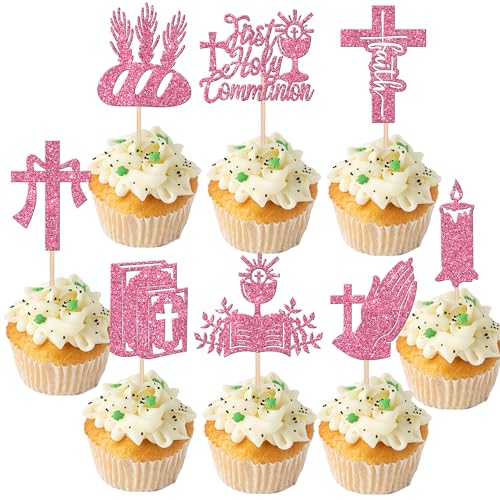 24 Pack First Holy Communion Cupcake Toppers with Glitter Cross Bible ...