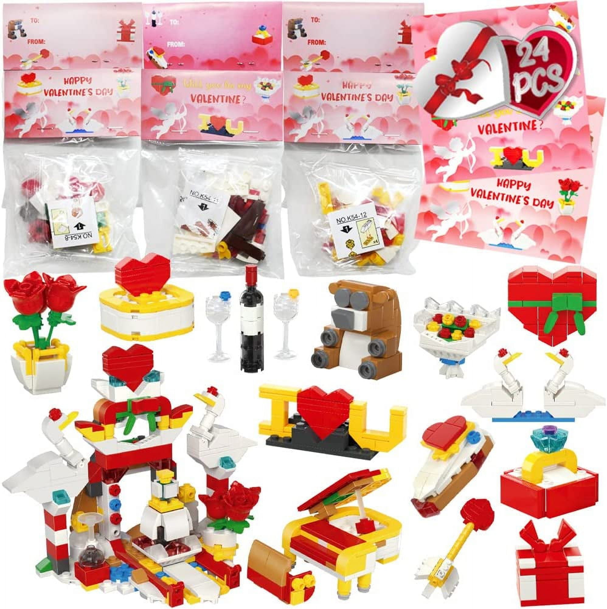 24-Pack Flower Heart Building Blocks Set with Valentines Gift Cards ...