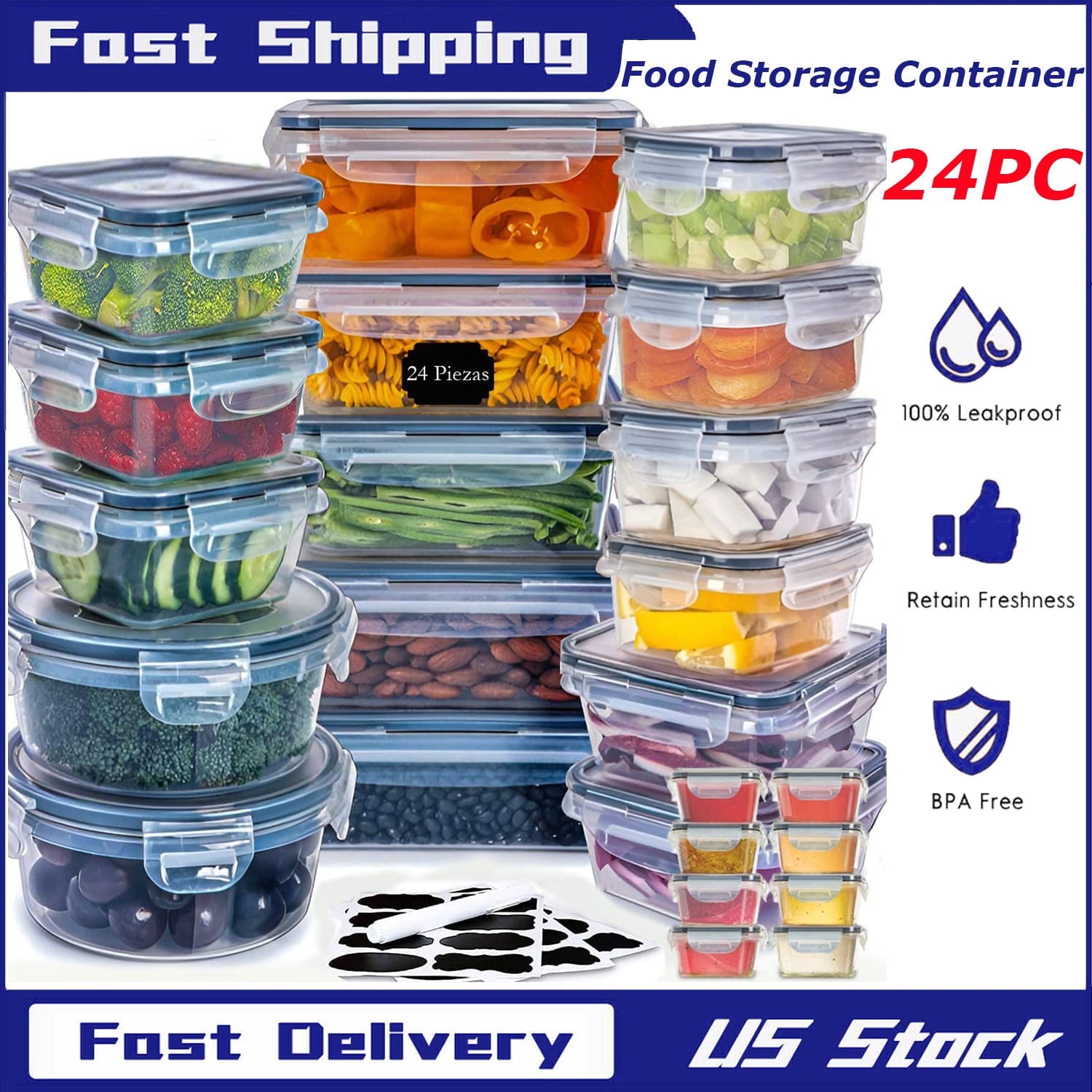 24 Pack Food Storage Containers with Lids, Bento Boxes, Silicone Pantry ...