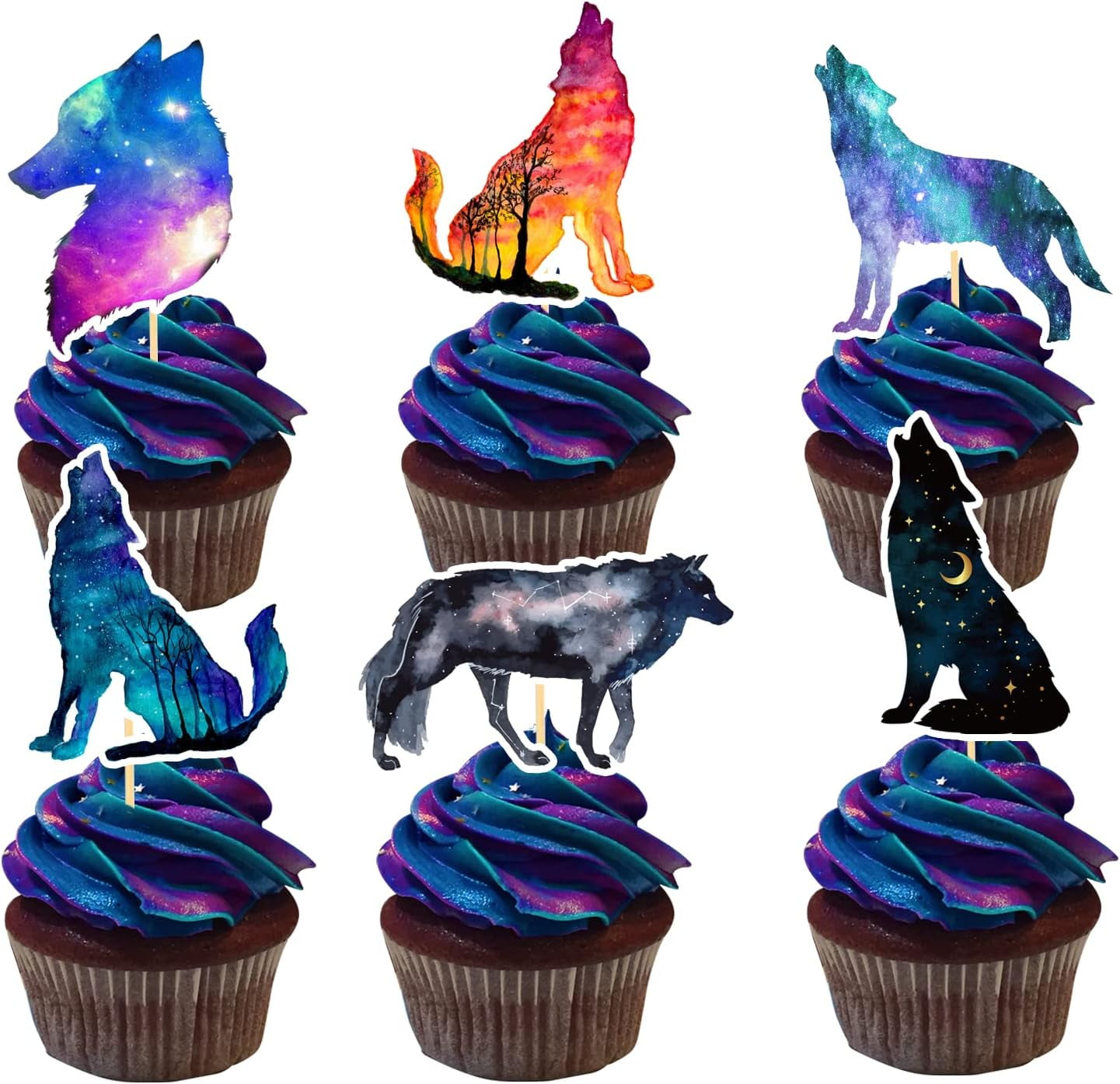 24 Pack Galaxy Wolf Cupcake Toppers - Starry Sky Animal Party Decorations for Boys and Girls ...