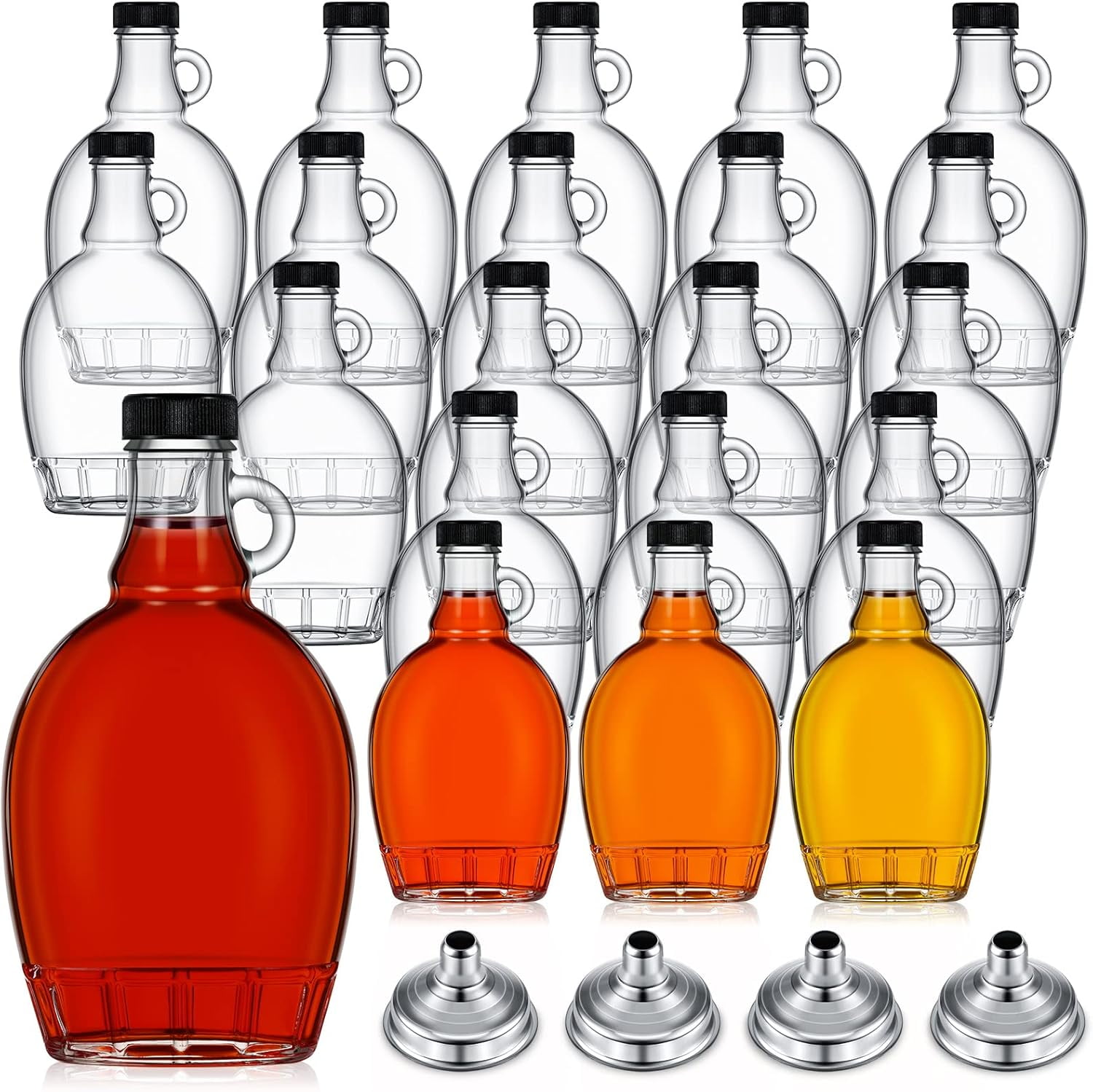 24 Pack Glass Maple Syrup Bottles with 4 Stainless Steel Funnels, Clear ...