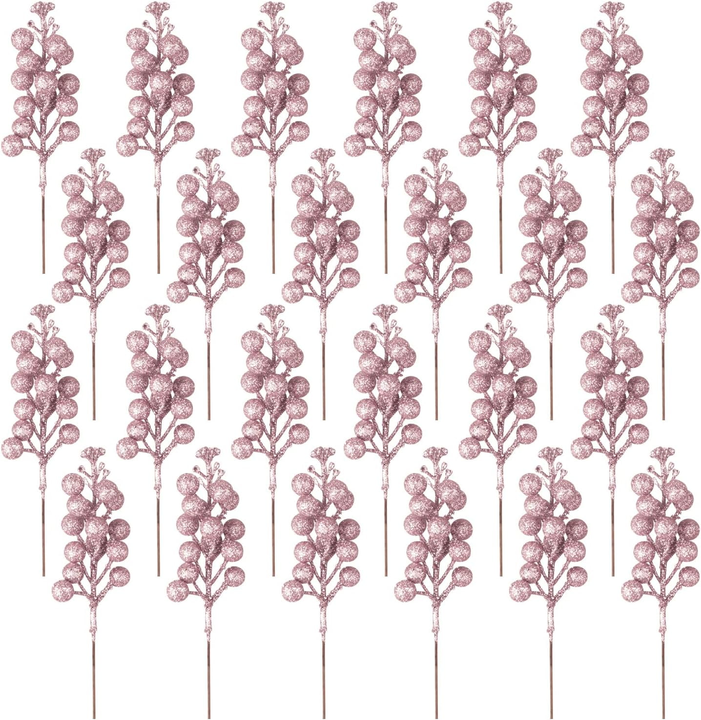 24 Pack Glitter Pink Berry Stems,7.5 Inch Christmas Sparking Red Faux ...