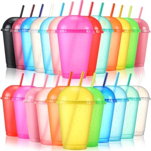 24 Pack Glitter Plastic Cups with Dome Lids Straws 16 oz Reusable ...