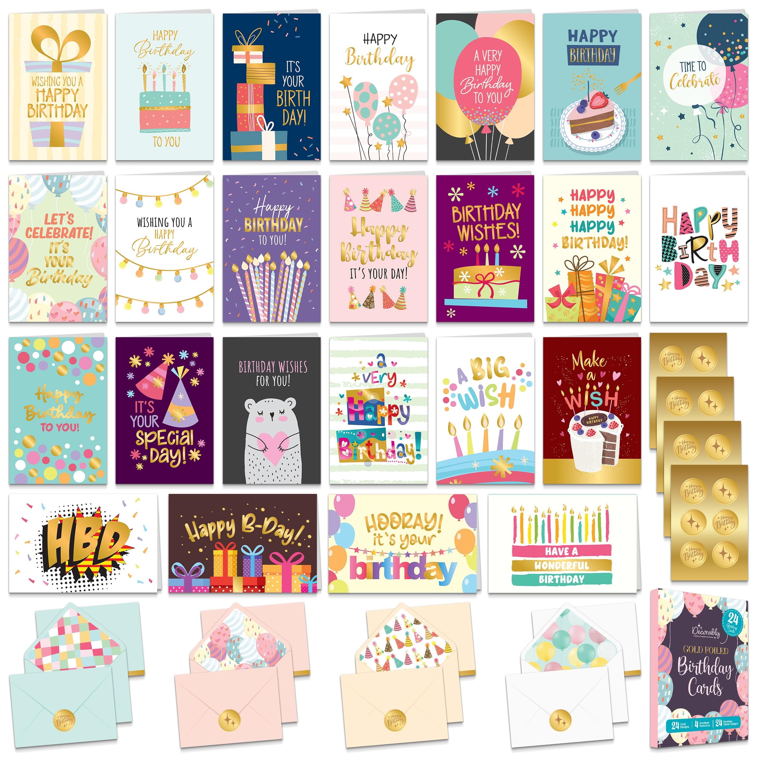 24 Pack Gold Foil Blank Birthday Cards with Envelopes and Stickers, 6x4 ...