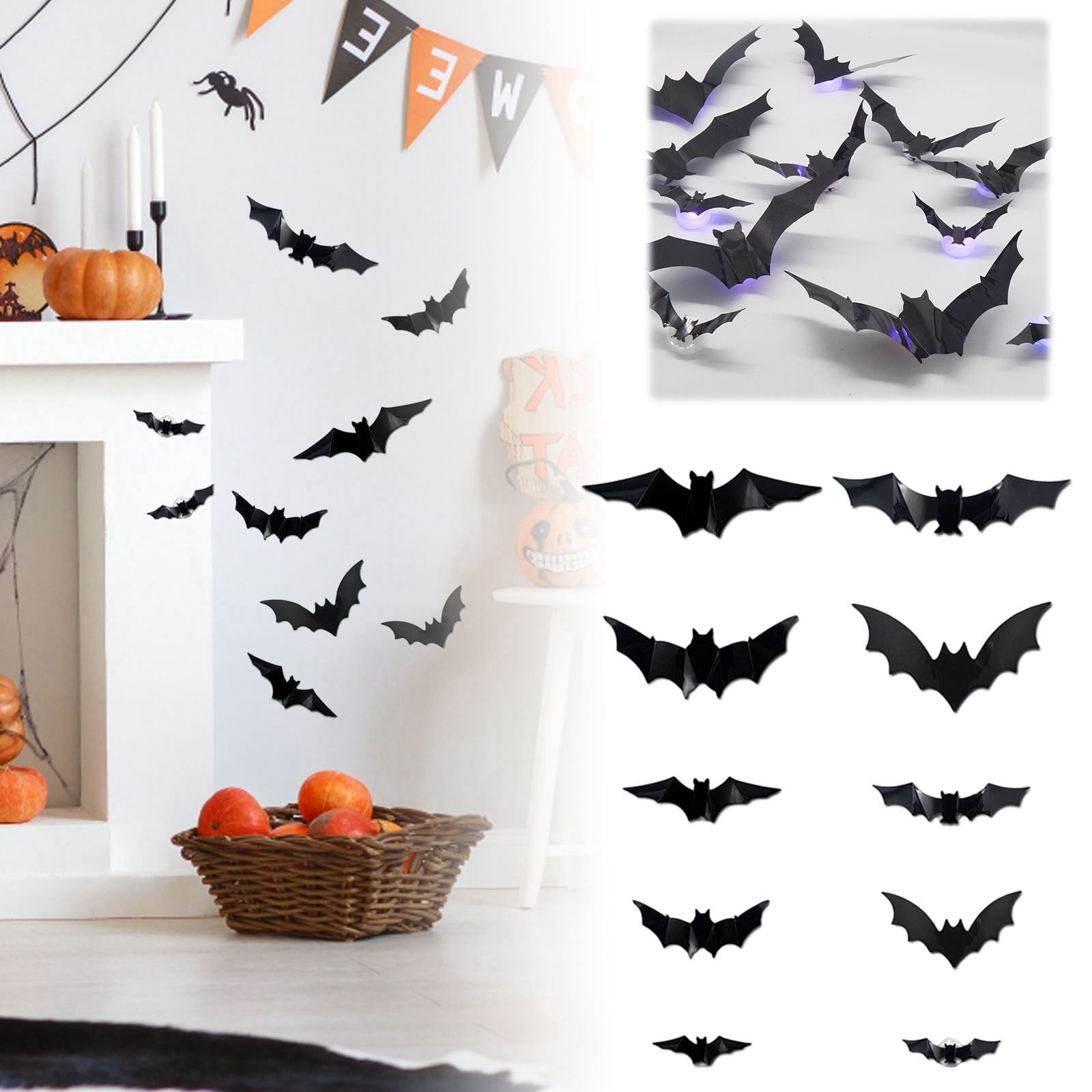 24 Pack Halloween Bats Wall Decor with LED Lights - 3D Glow in the Dark ...