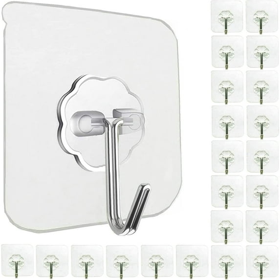 24 Pack Heavy Duty Self Adhesive Hooks - 33lb Max, Transparent ...