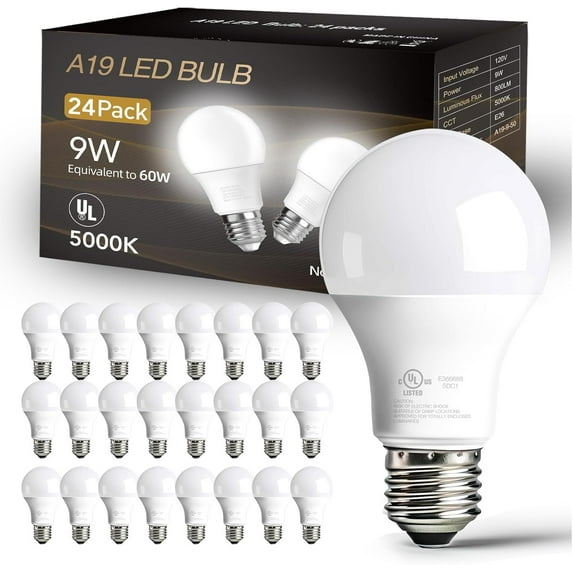24 Pack LED Bulbs Daylight White 5000K, 60 Watt Equivalent A19 Standard ...