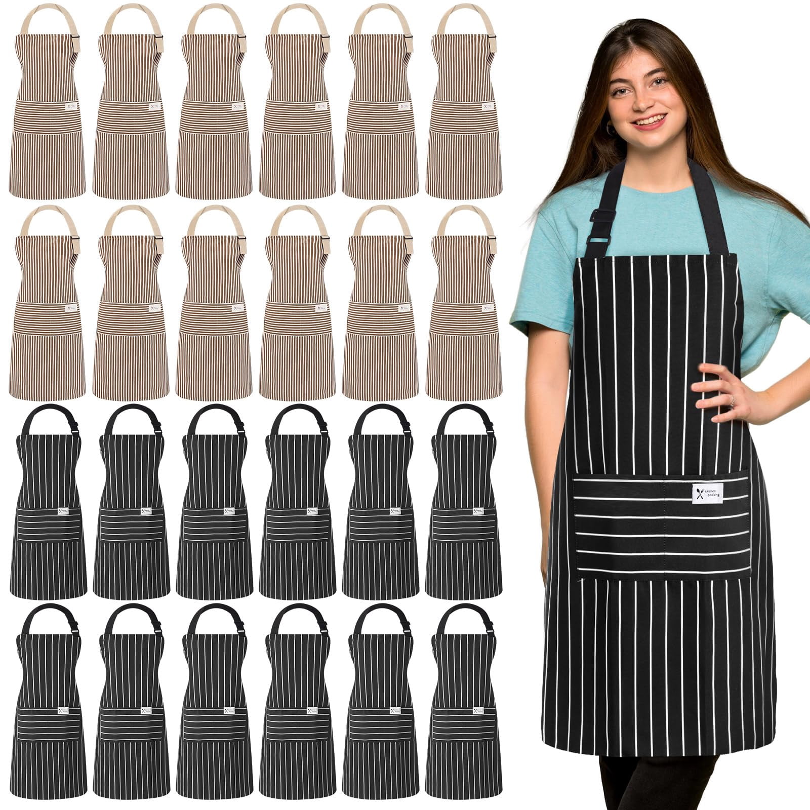 24 Pack Linen Cotton Cooking Kitchen Aprons Black/Brown Wide Stripes ...