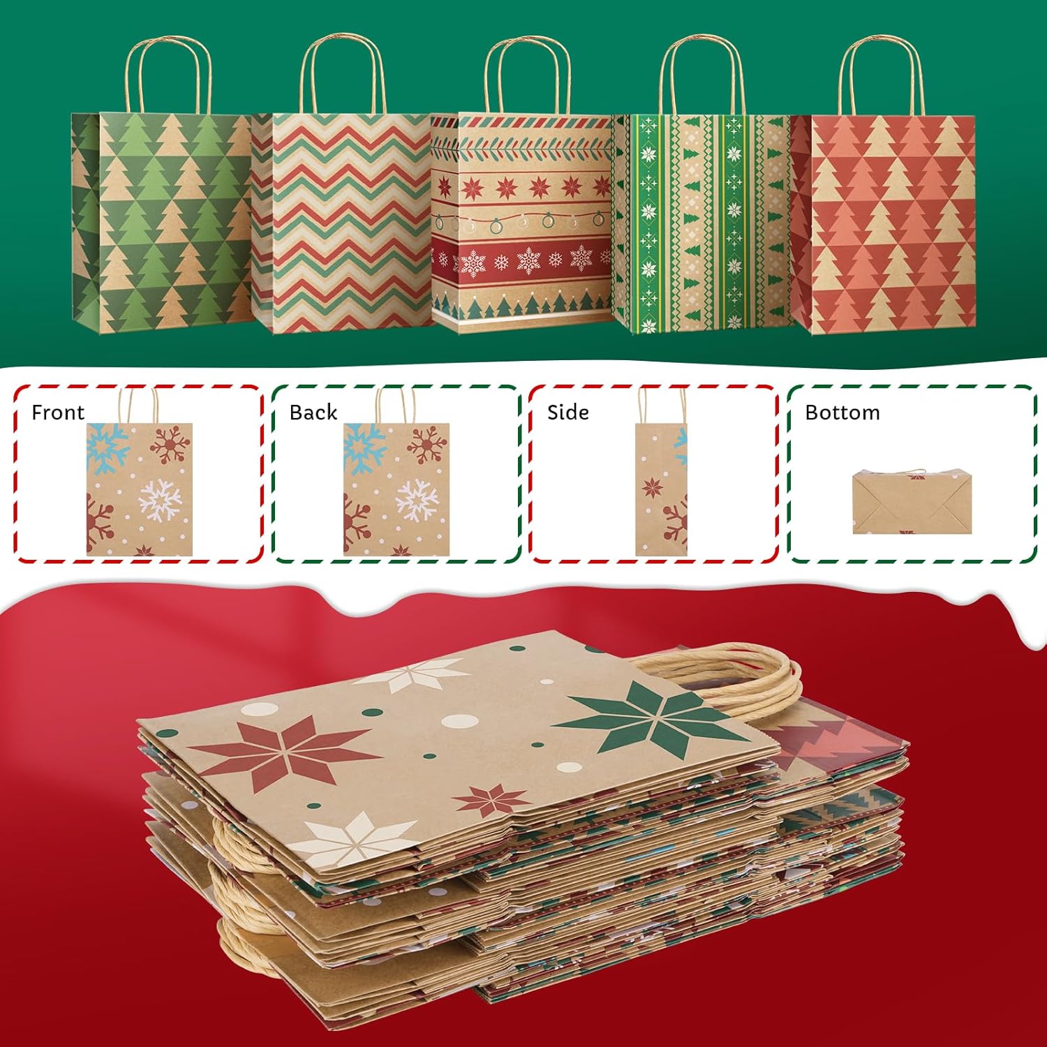24-Pack Medium Gift Bags with Handles, Kraft Paper Bags with 12 Holiday ...
