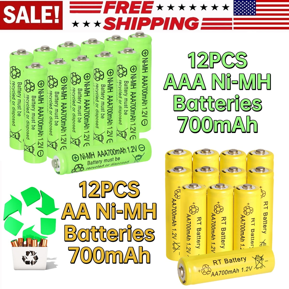 24 Pack NiMH AA AAA 700mAh 1.2v Rechargeable AA Batteries for Garden ...