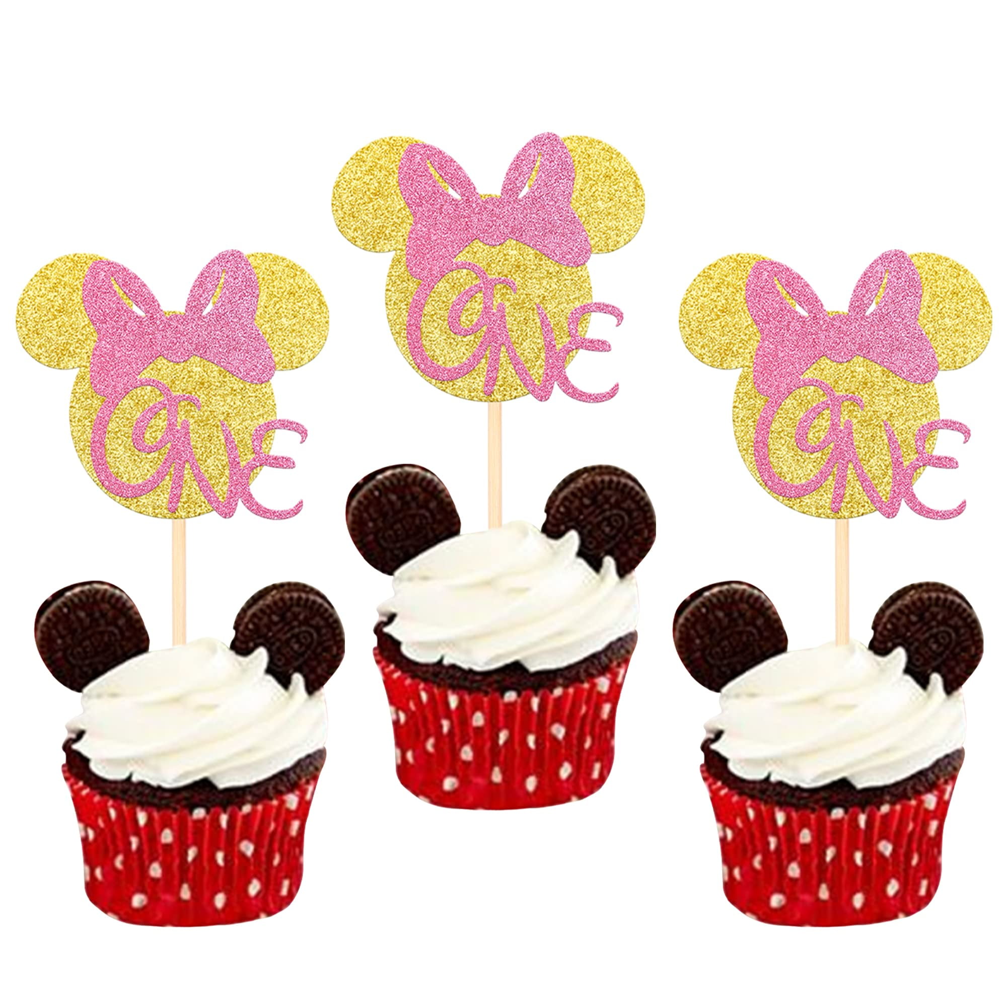24 Pack One Cupcake Toppers Glitter Minnie Mouse Inspired 1st Birthday ...