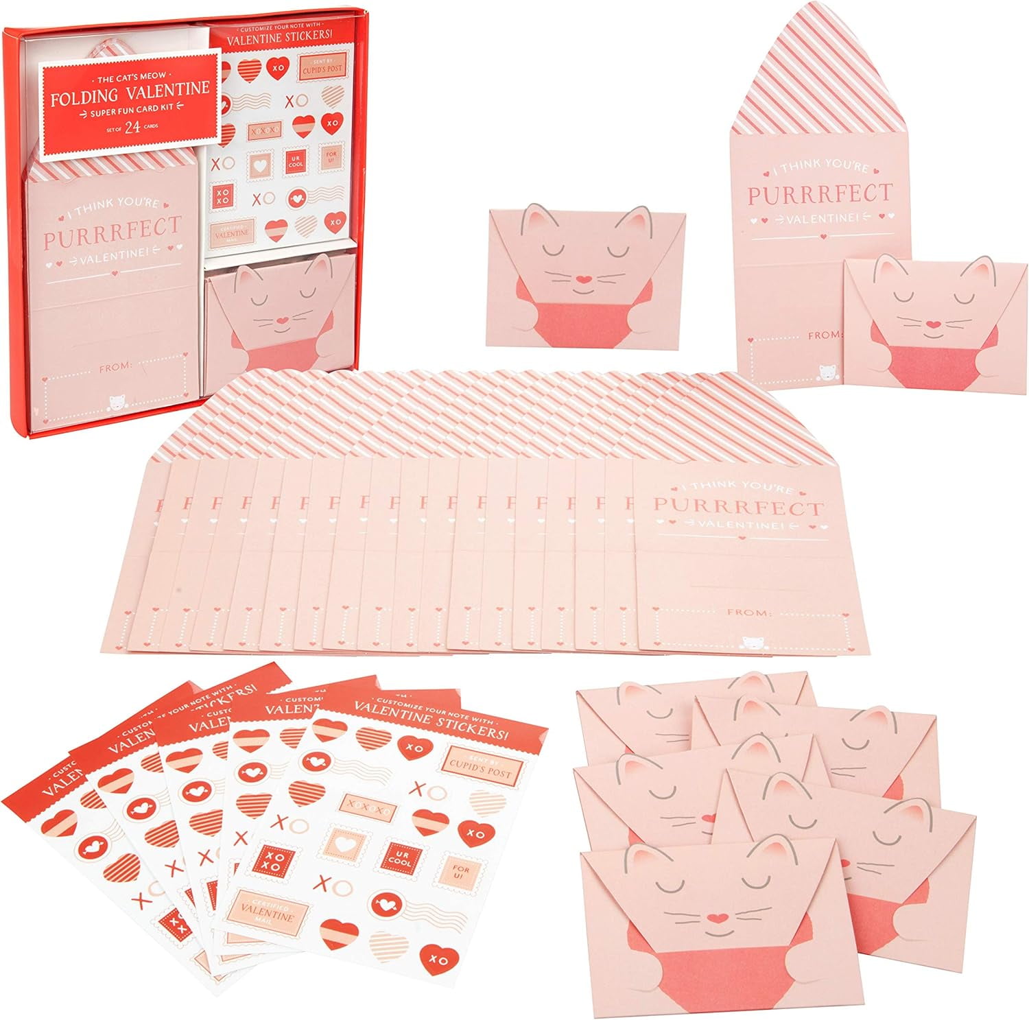 24 Pack Pink Cat Valentine's Day Card & Sticker Set for Kids - I Think ...