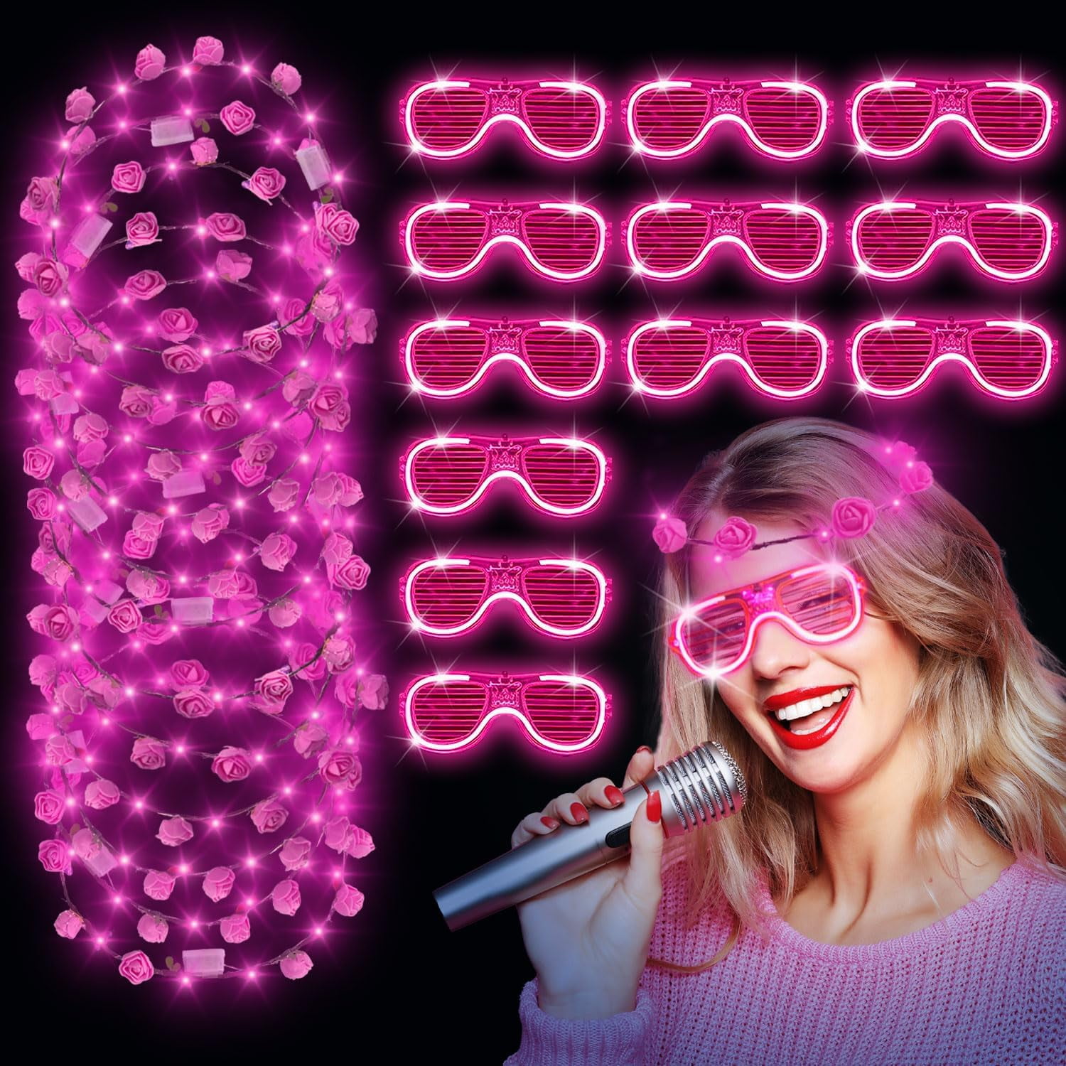 24 Pack Pink LED Flower Wreath Crown Headband and LED Light Up Glasses ...