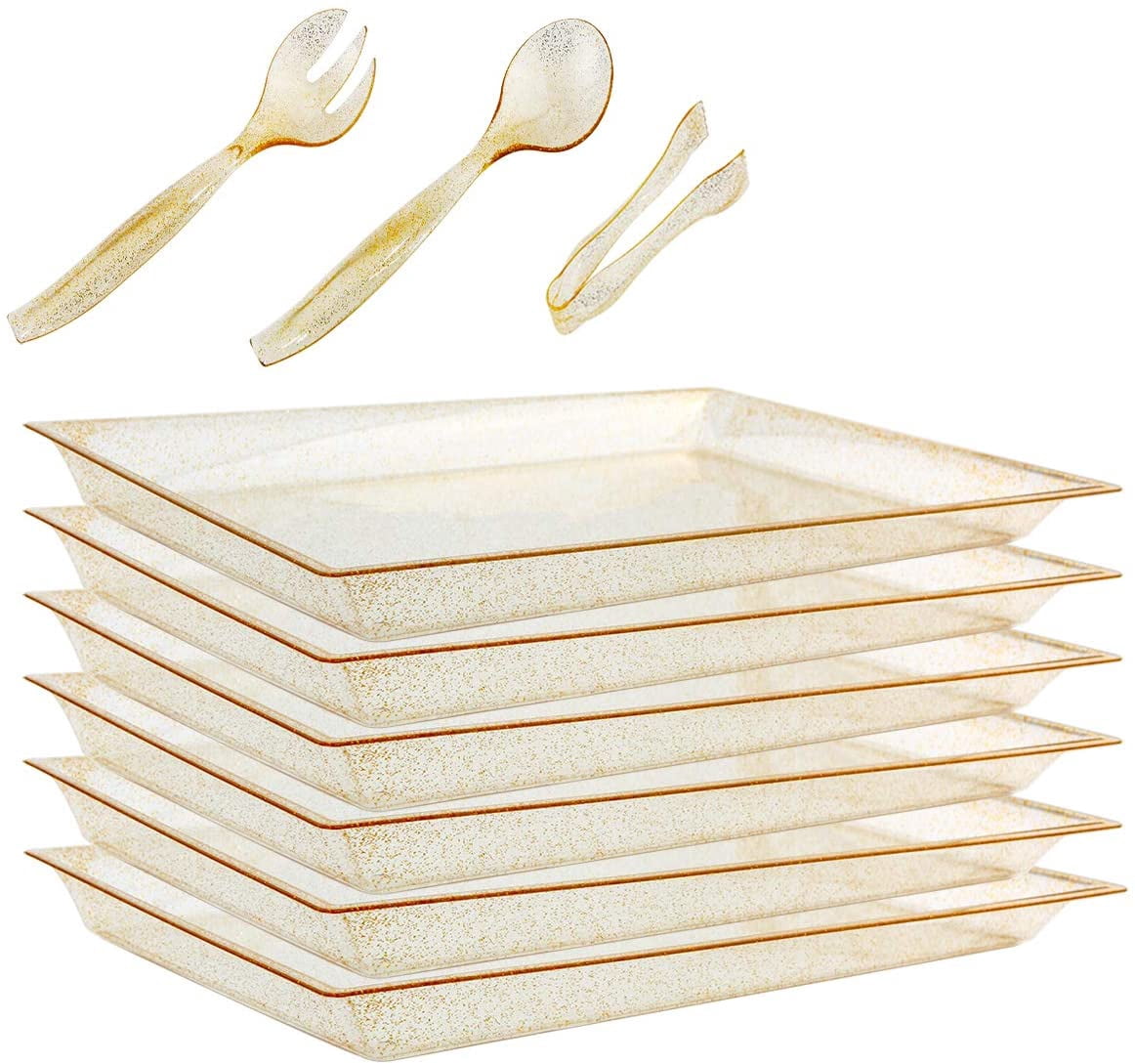 24 Pack Plastic Gold Glitter Serving Tray with Disposable Utensils, 6 ...