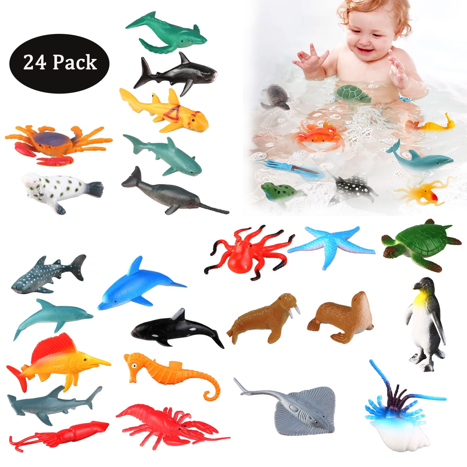 24 Pack Plastic Sea Ocean Animals Figure, Sea Creatures Model Toys Set ...
