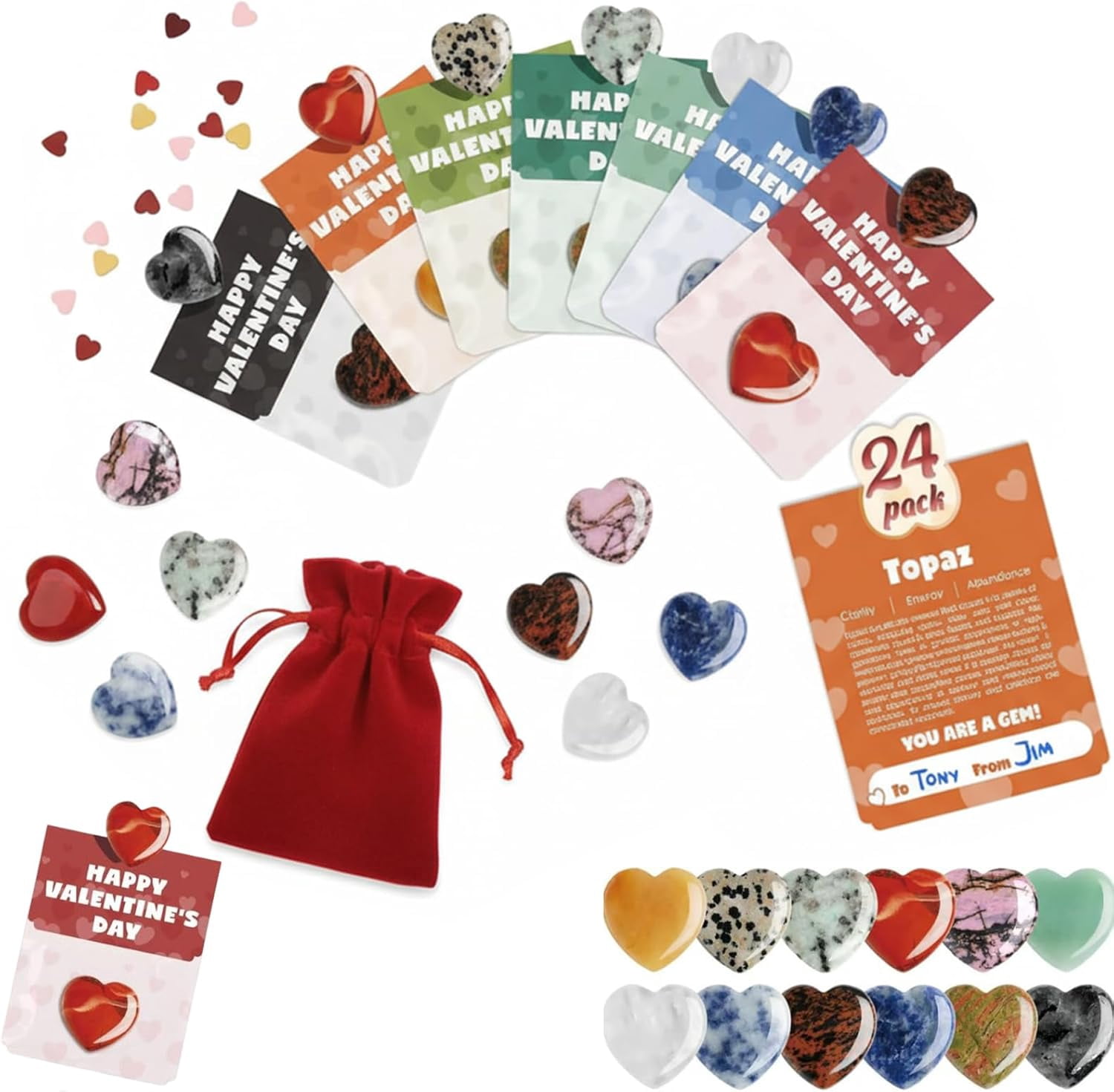 24 Pack Prefilled Valentine Cards with Heart-Shaped Gemstones, Candy ...