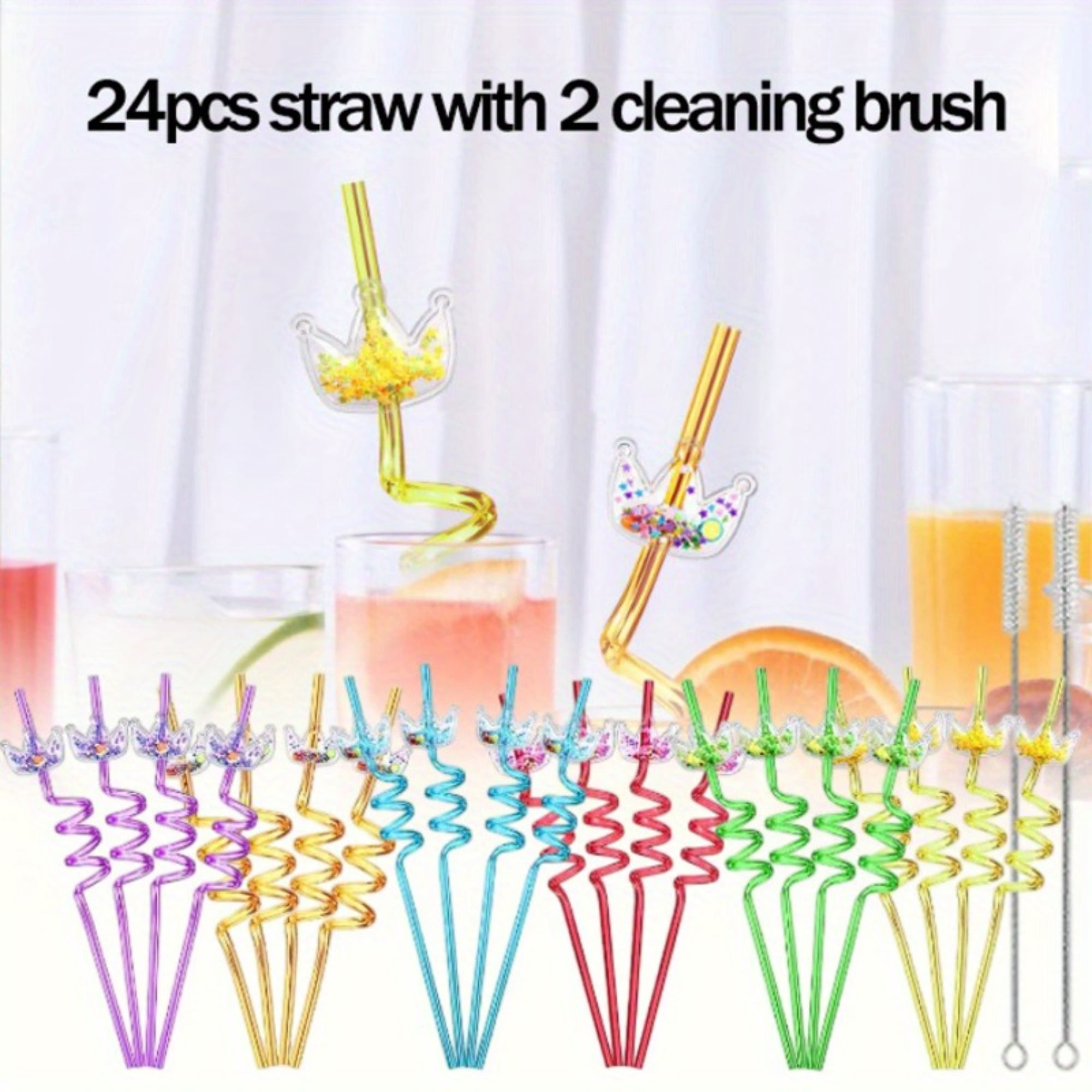 24-Pack Reusable Crown Drinking Straws with 2 Cleaning Brushes, Glitter ...