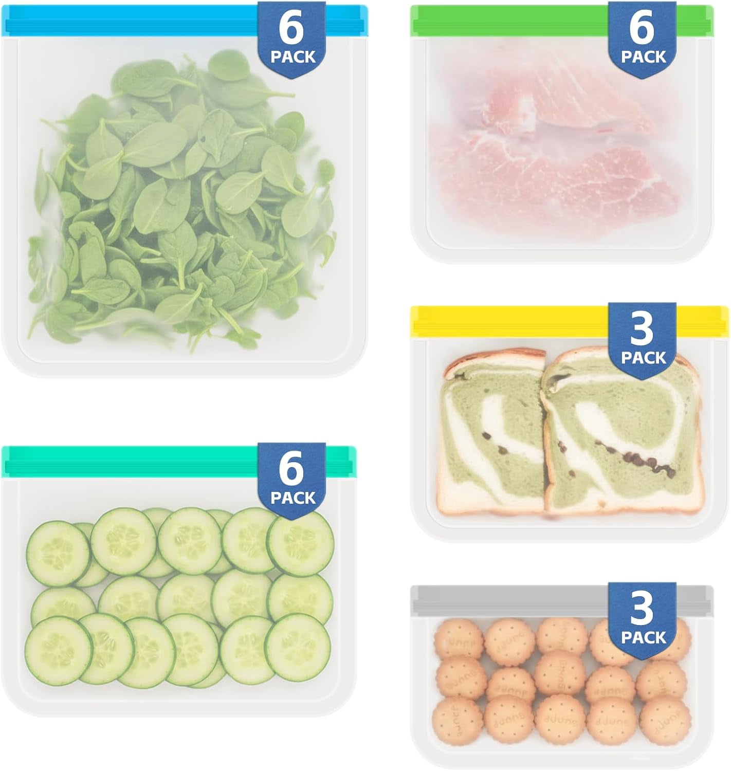 24 Pack Reusable PEVA Food Storage Bags Gallon Freezer Bags, Leak-proof ...