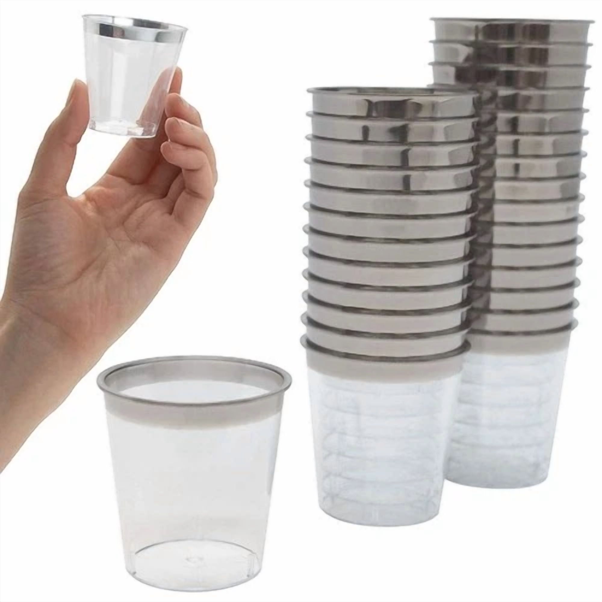 24 Pack Rim Plastic Shot Glasses 1 Oz Clear Silver Disposable Party ...