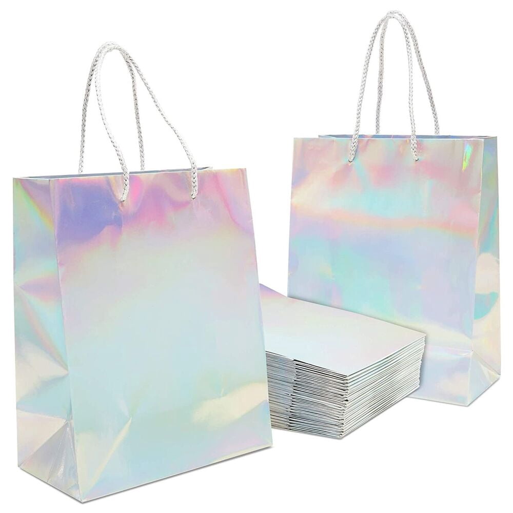 24 Pack Silver Holographic Gift Bags with Handles (10 x 8 x 4.25 In ...