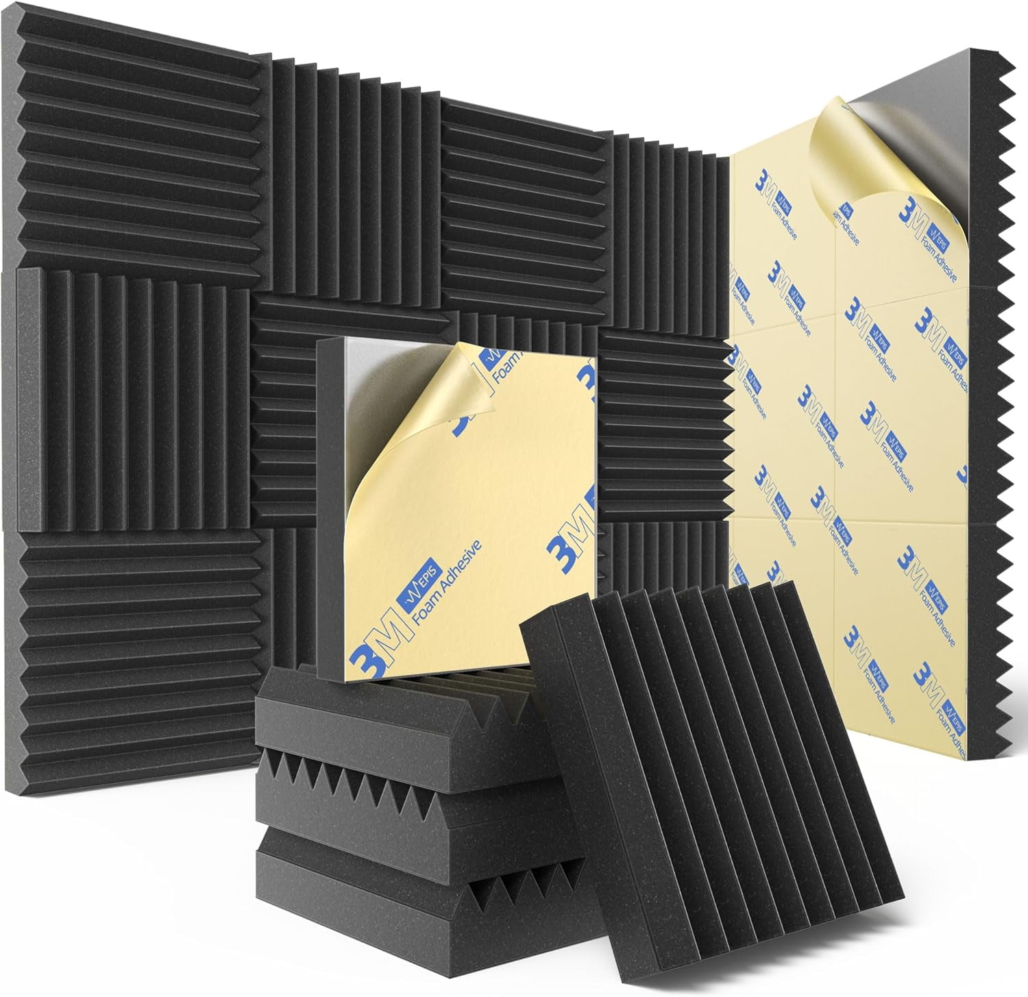24 Pack Sound Proof Foam Panels for Wall with Self Adhesive, 3" X 12" X ...