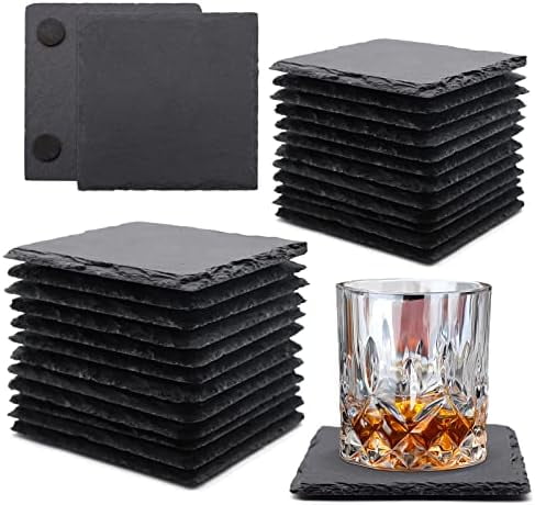 24 Pack Square Slate Drink Coasters, 4 Inch Black Slate Stone Coasters ...