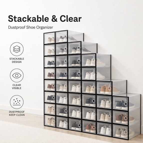 24-Pack Stackable Clear Shoe Storage Boxes with Front Doors, Dustproof ...