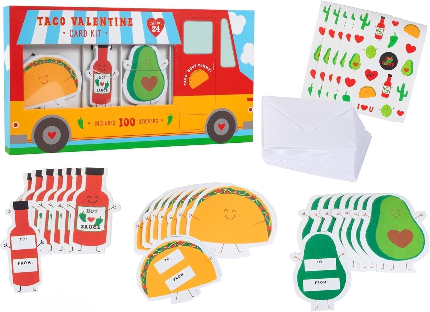 24 Pack Taco Truck Valentines Day Cards with Stickers & Envelopes for ...