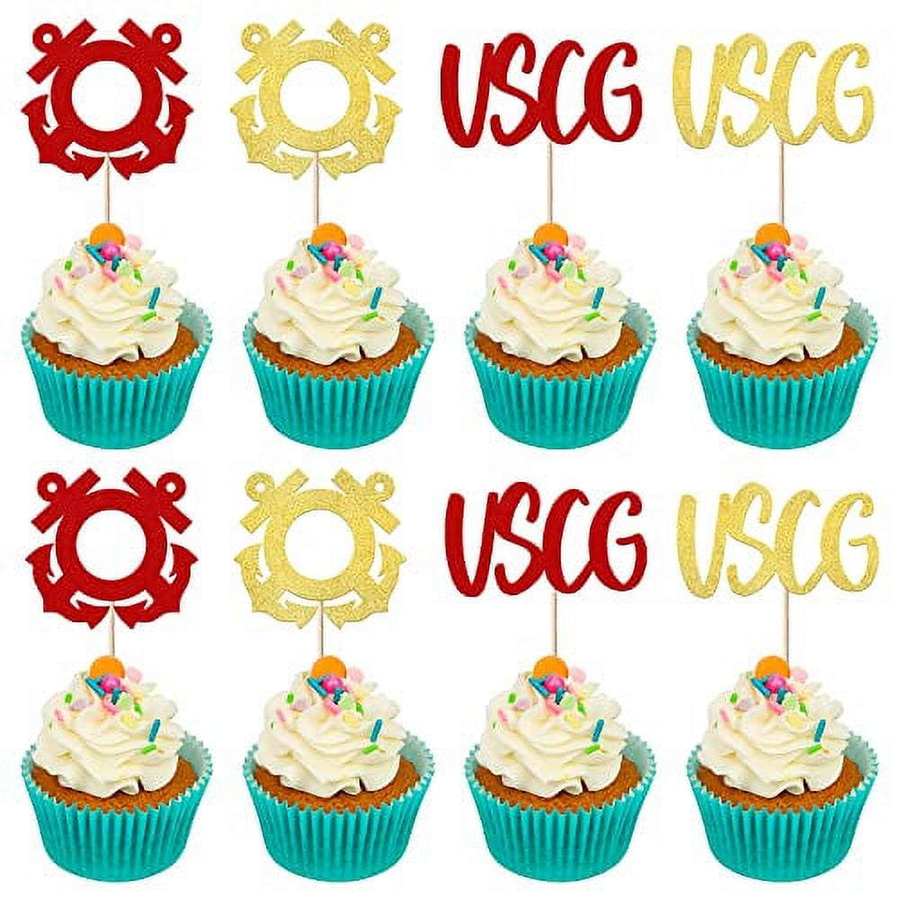 24 Pack USCG Coast Guard Cupcake Toppers Glitter Military Bound Badge ...