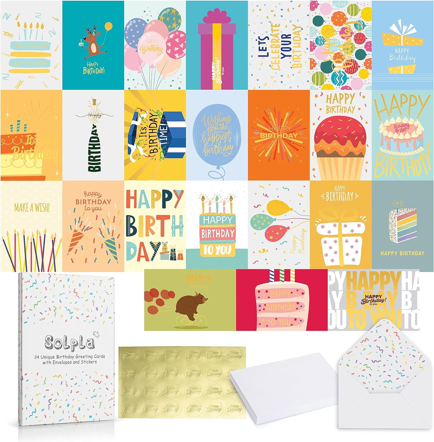 24 Pack Unique Gold Foil Birthday Cards with Envelopes & Stickers | 4x6 ...