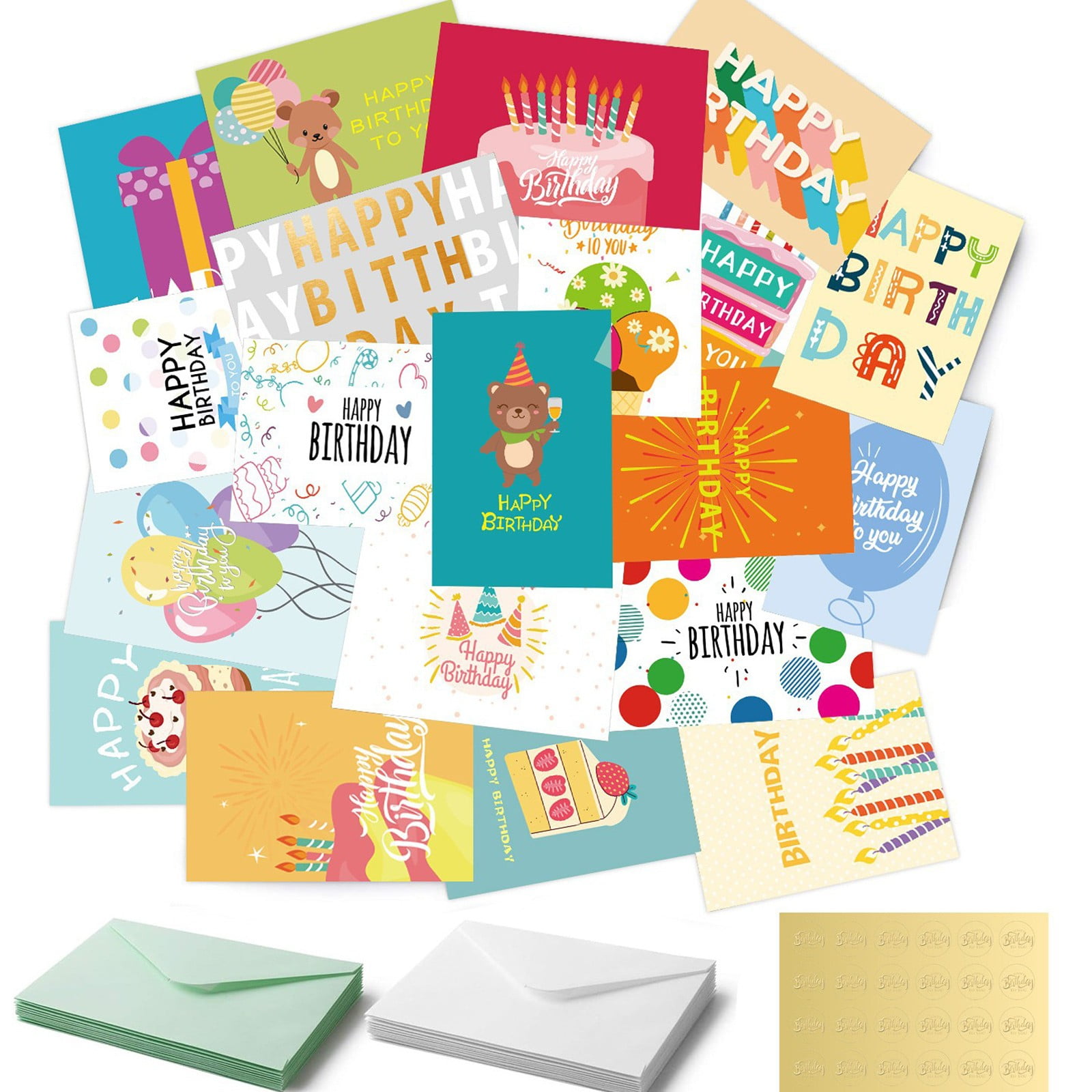 24 Pack Unique Gold Foil Birthday Cards with Envelopes & Stickers | 7 ...