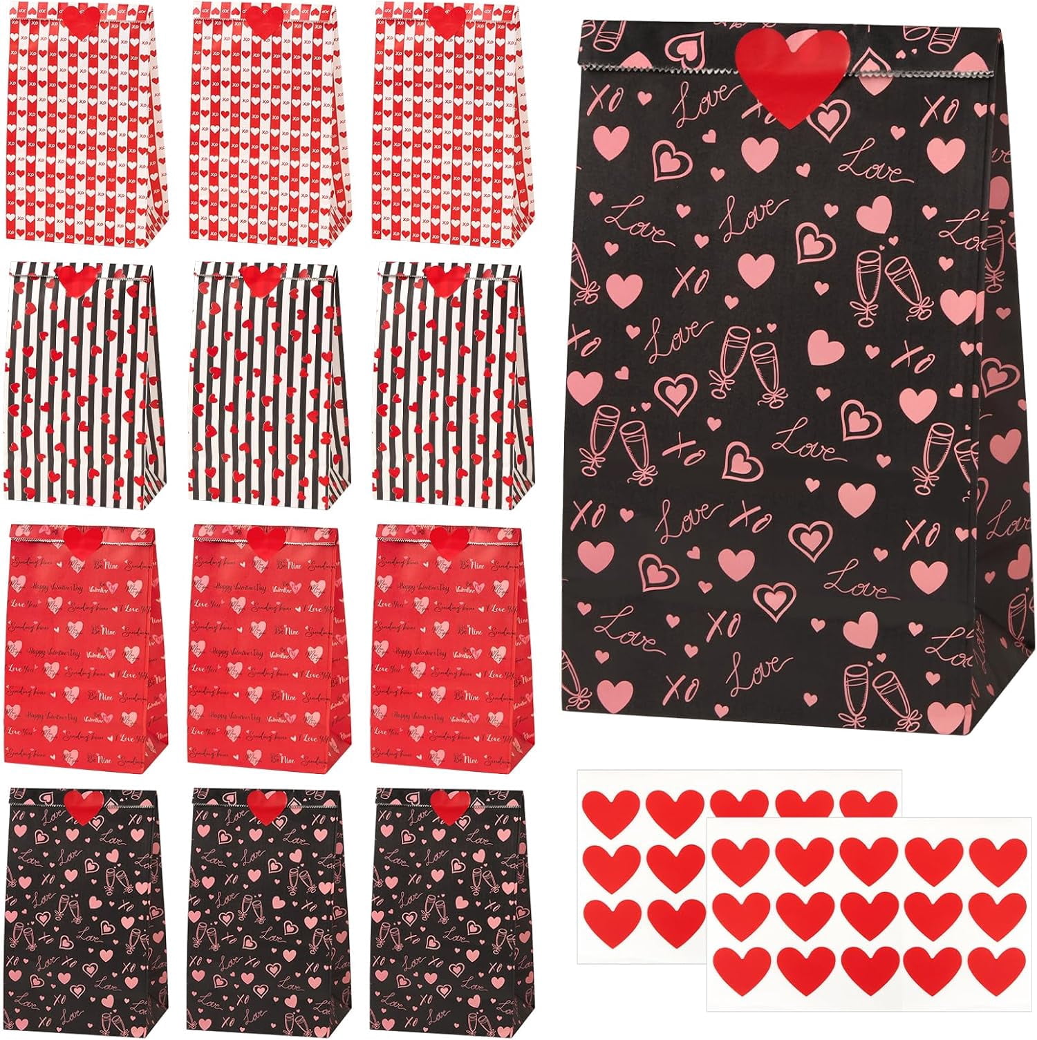 24 Pack Valentine's Day Bags, 4 Styles Paper Bag with Stickers for ...