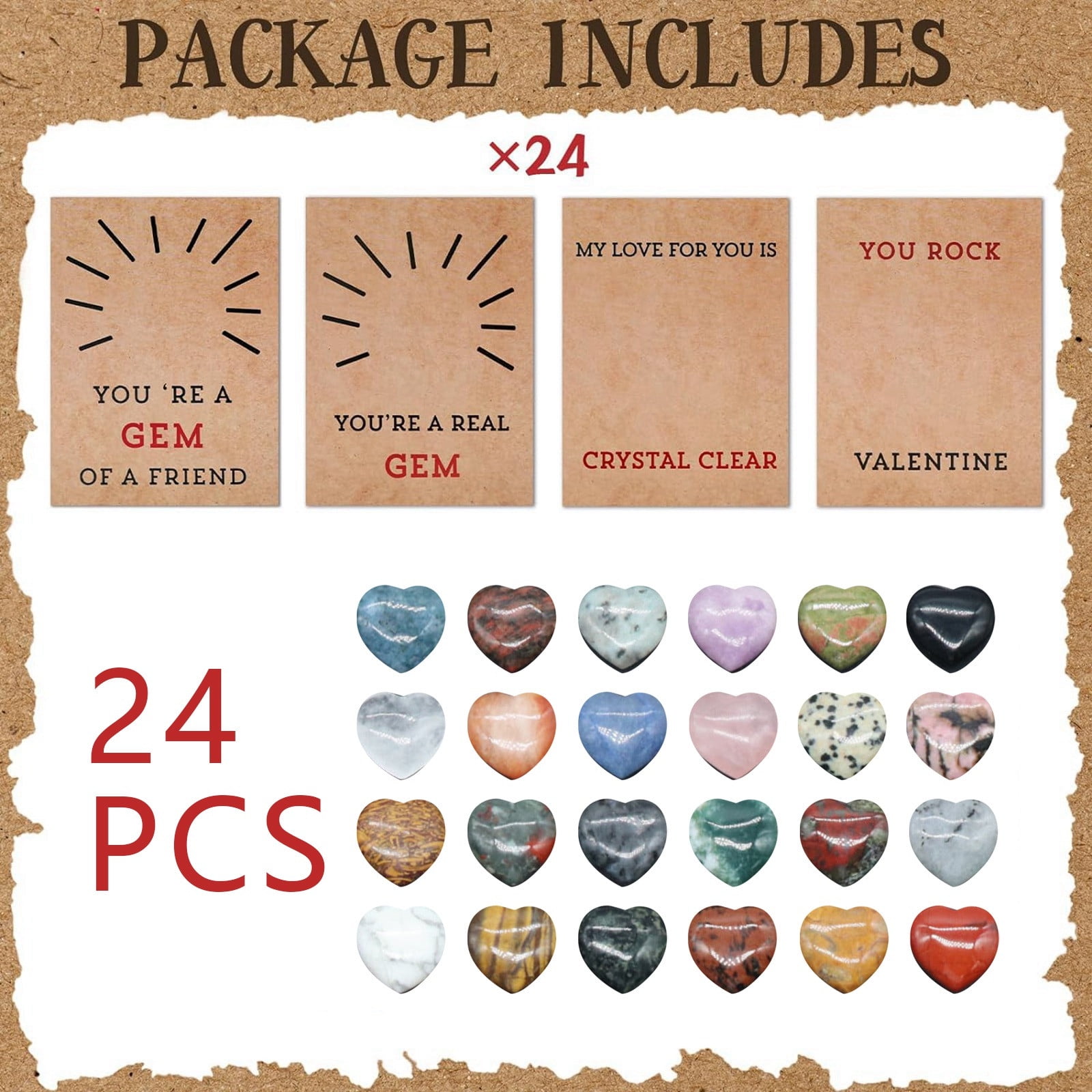 24 Pack Valentines Cards with Heart-Shape Crystal Stones,Valentines Day ...