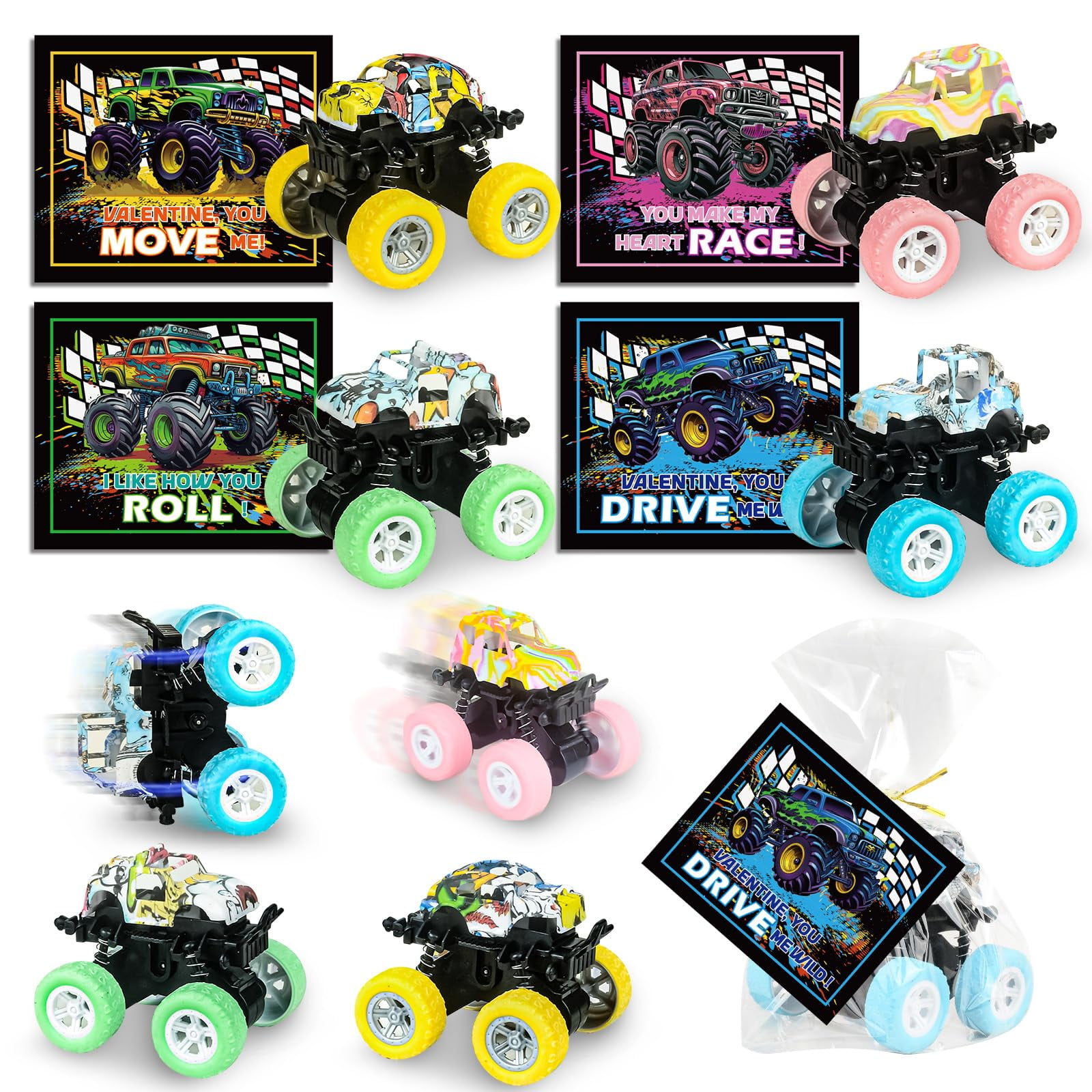 24 Pack Valentines Day Cards with Monster Truck Toy for Kids School ...
