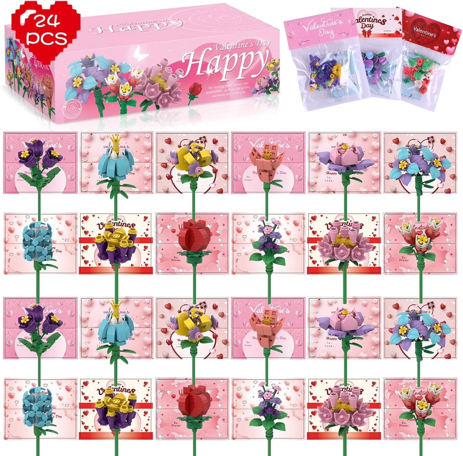 24 Pack Valentines Day Gifts for Kids Valentines Rose Flower Building ...