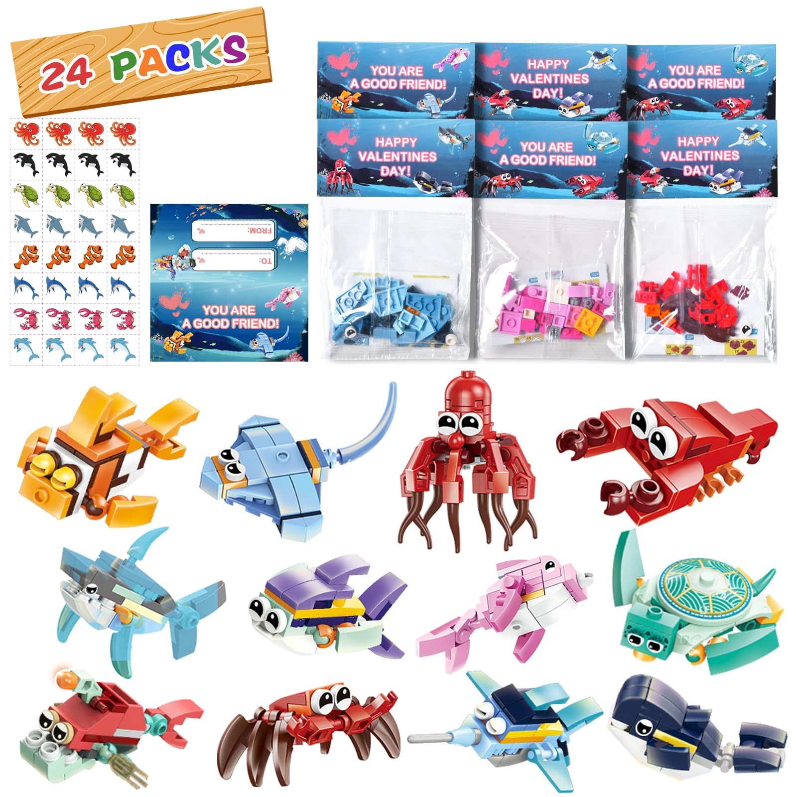24 Pack Valentines Day Gifts for Kids School Sea Animal Buildings ...