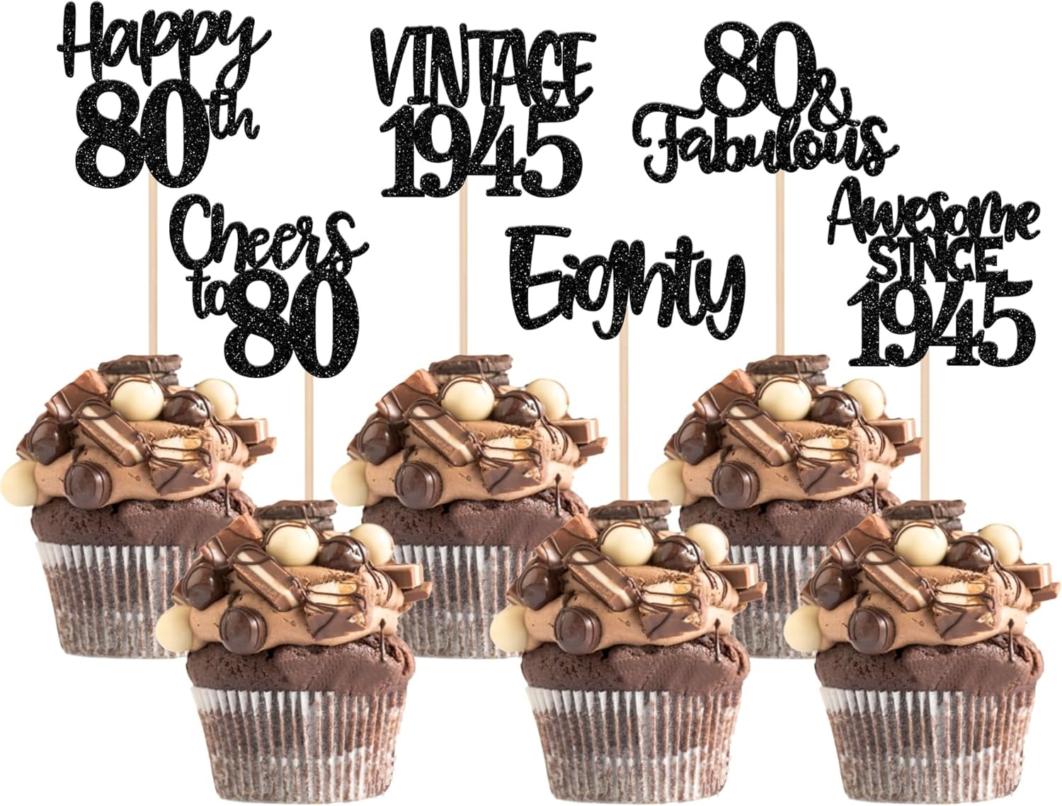 24 Pack Vintage 1945 Cupcake Toppers Black Glitter Happy 80th Birthday ...